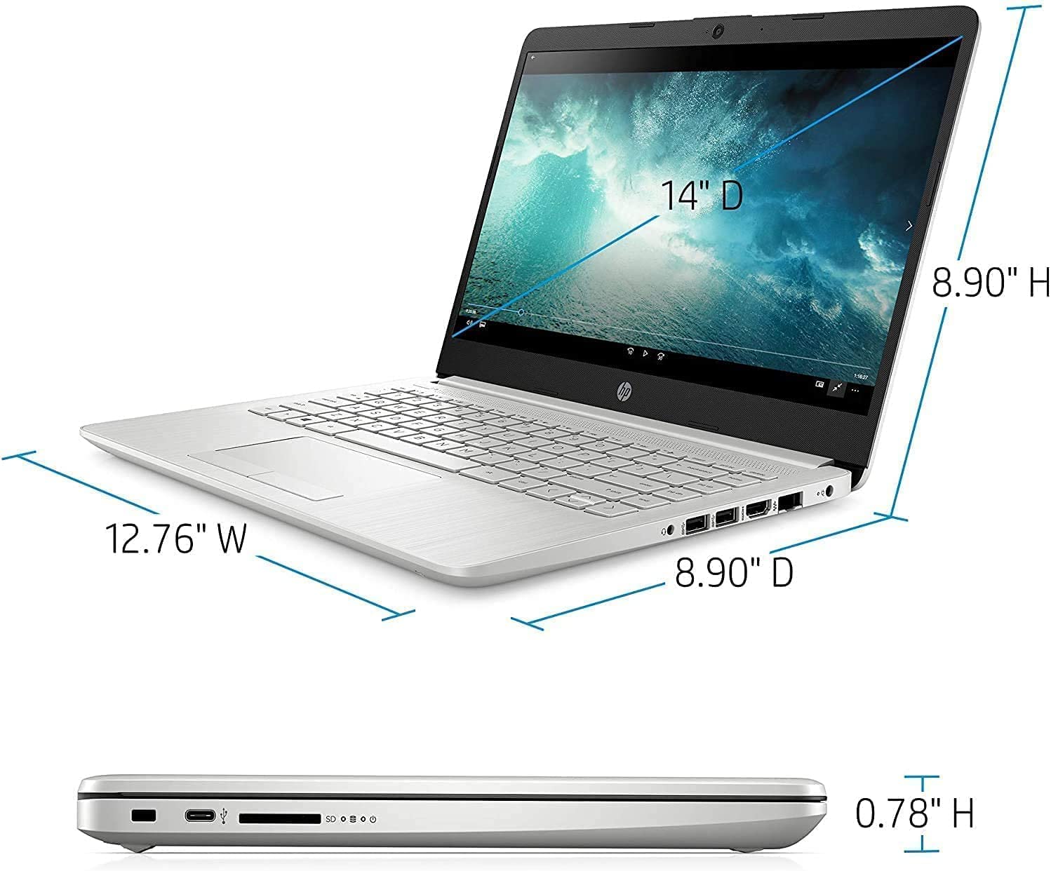 HP 14 Laptop HD Touchscreen, AMD Ryzen 3 3250U Processor(up to 3.5 GHz), 8GB DDR4 RAM, 256GB SSD, HDMI, Bluetooth, Wi‑Fi 5,Webcam,Win11,Natural Silver