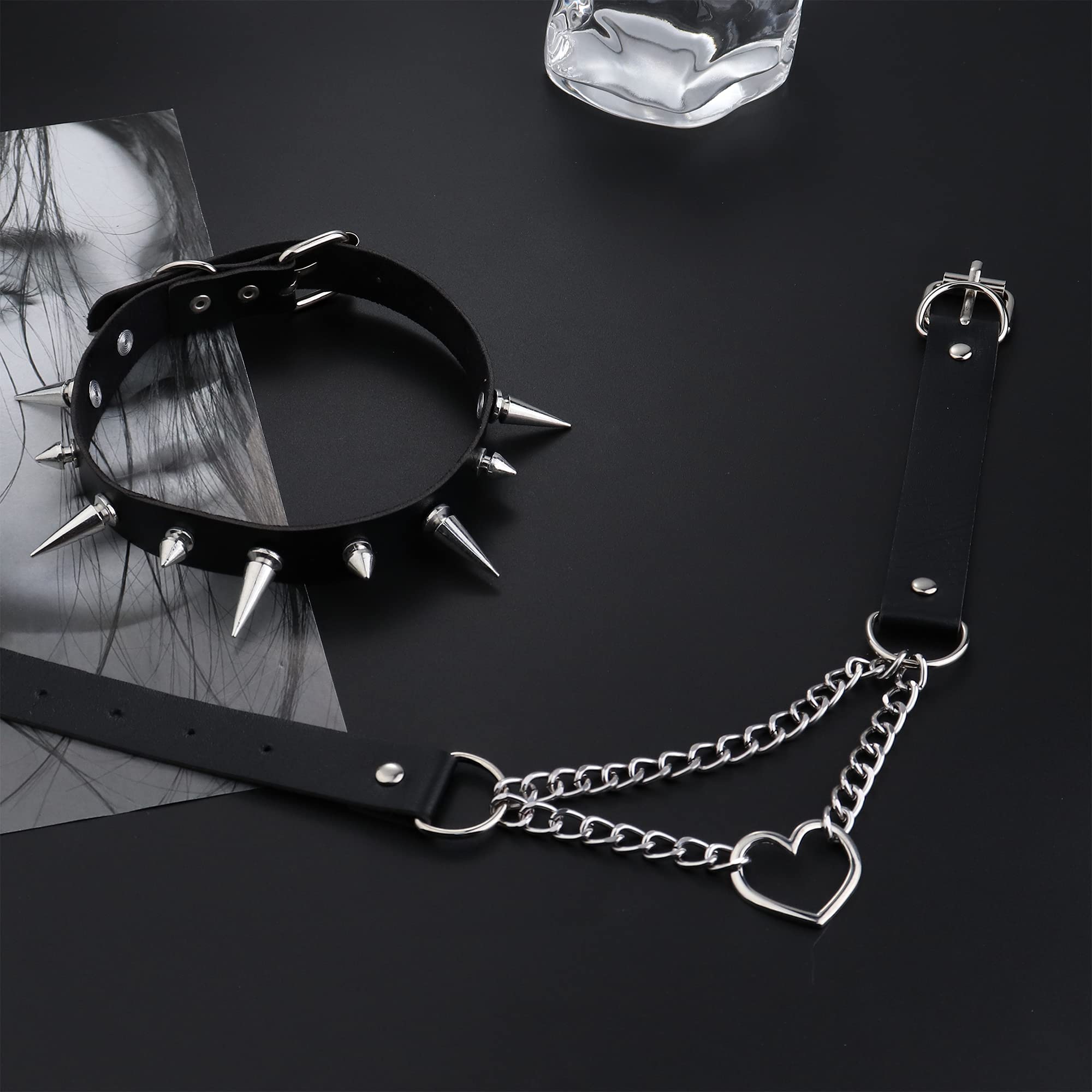 IRONBOX 10Pcs PU Leather Choker Punk Necklace For Women Adjustable Heart Rock Choker Goth Spiked Black Cat Collar Choker Necklace