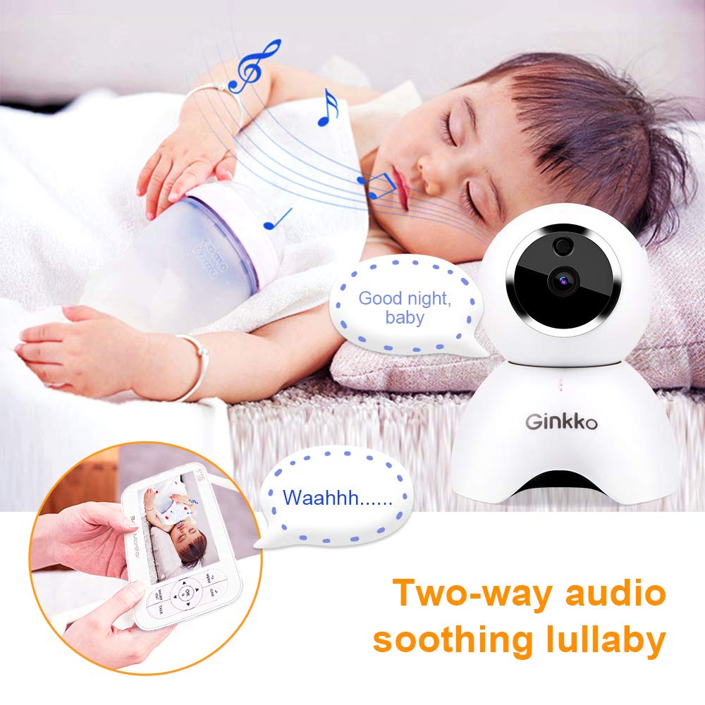 Ginkko Baby Monitor, 5" HD LCD,720P HD Digtal Color Video,Support 4 Camera with 110° Wide Angle,1000ft Range,Night Vision,Sound Detection,Temperature Alarm,Two-Way Audio,Sleep Mode,Feeding