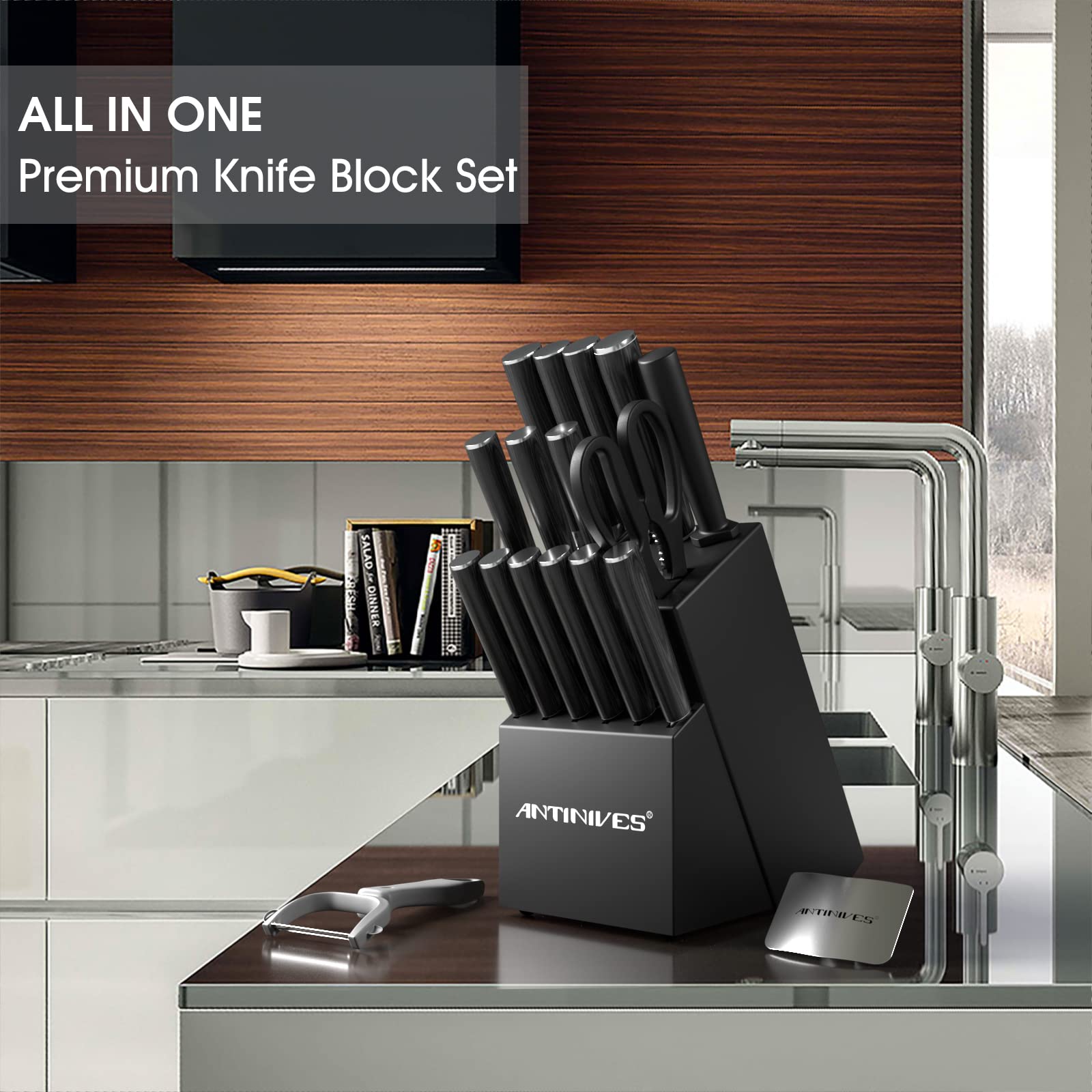 Knife Set, 18 Pcs Kitchen Knives Set with Block, Sharp German Stainless Steel Knife Block Set, Professional Chef Knives Set for Kitchen with Serrated Steak Knives Set, Sharpener & Finger Guard, Black