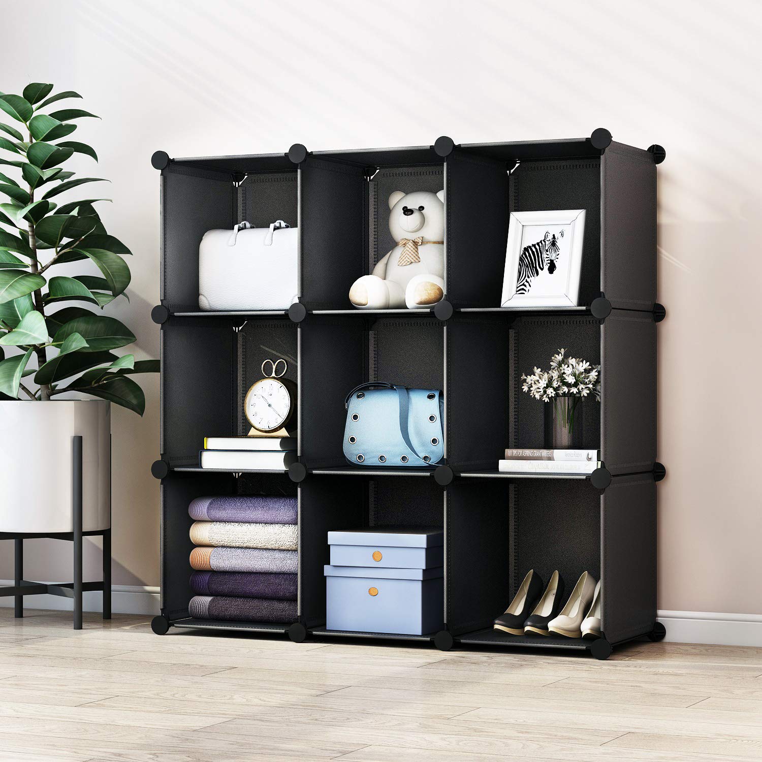 GREENSTELL Cube Storage Organizer, 9-Cube Closet Organizer, DIY Plastic Storage Cubes Organizer, Modular Storage Cabinet Book Shelf Shelving for Bedroom, Living Room, Office Black
