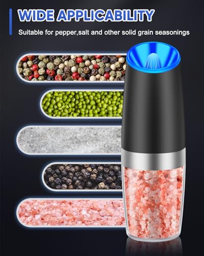 Gravity Electric Pepper and Salt Grinder Set, Adjustable Coarseness, With LED Light, One Hand Automatic Operation, Stainless Steel Black, (2 Pack Black)