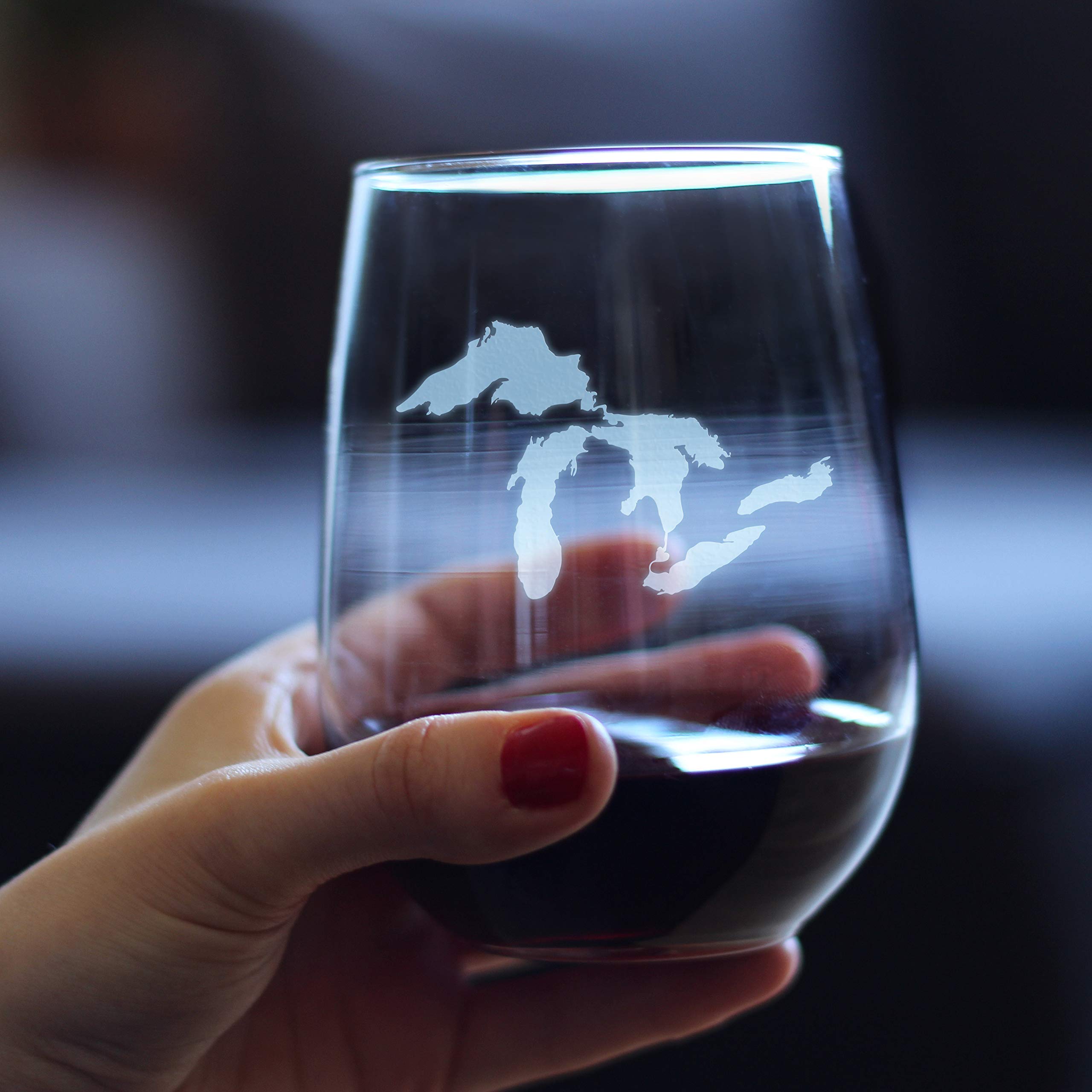 Great Lakes Map - Stemless Wine Glass - Unique Engraved Glassware Art Gifts for Midwestern Women & Men - Large 17 Ounce