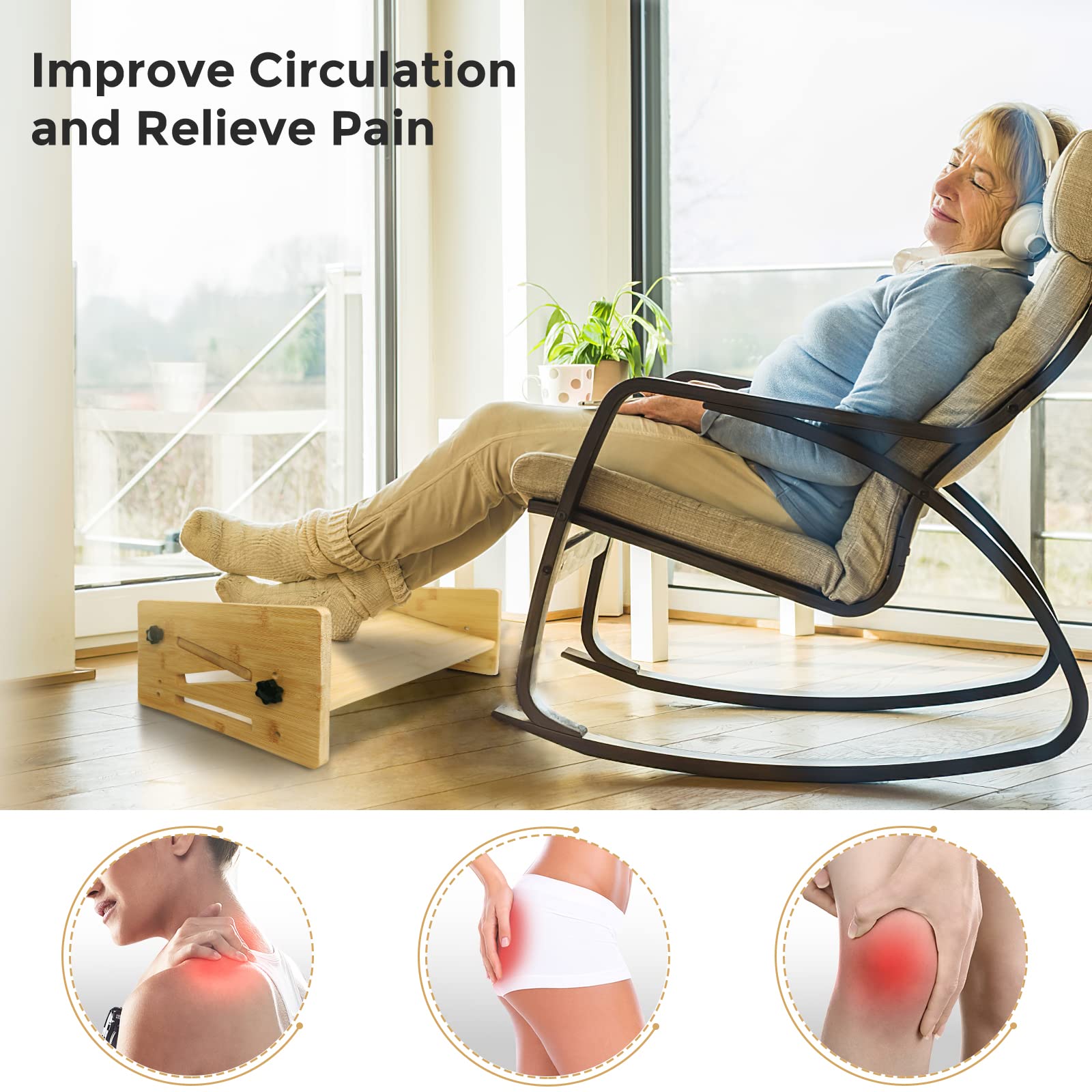 Holidi Footrest Under Desk, Bamboo Foot Rest with 3 Adjustable Height Position, Ergonomic Foot Stool Under Desk with Non-Slip Bottom, Wide Surface, Easy to Assemble, Suitable for Office Home