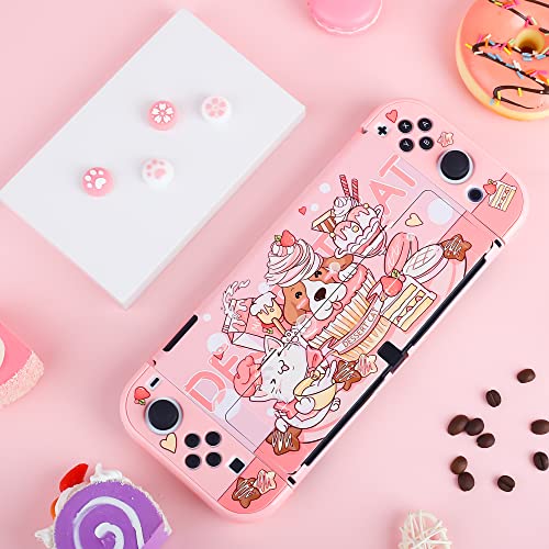Improved - FANPL Cute Case for Nintendo Switch OLED, Pink PC Protective Cover for Switch OLED Console and Joy Con, Kawaii Skin with Thumb Cap & Screen Protector, Accessory for Girl - Dessert Cat & Dog
