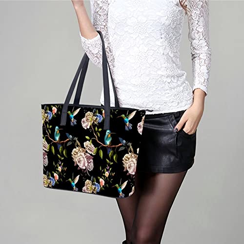 Humming Birds Roses Carnations Women's Tote Bag PU Leather Shoulder Bag Handbags Purse For Work Shopping Travel