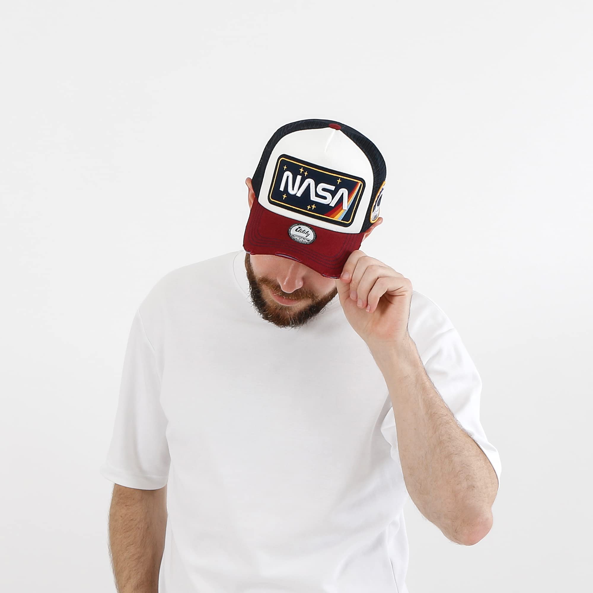 ililily NASA Worm Logo Embroidery Baseball Cap Rainbow Mesh Snap Back Trucker Hat, Grey Bill - Premium