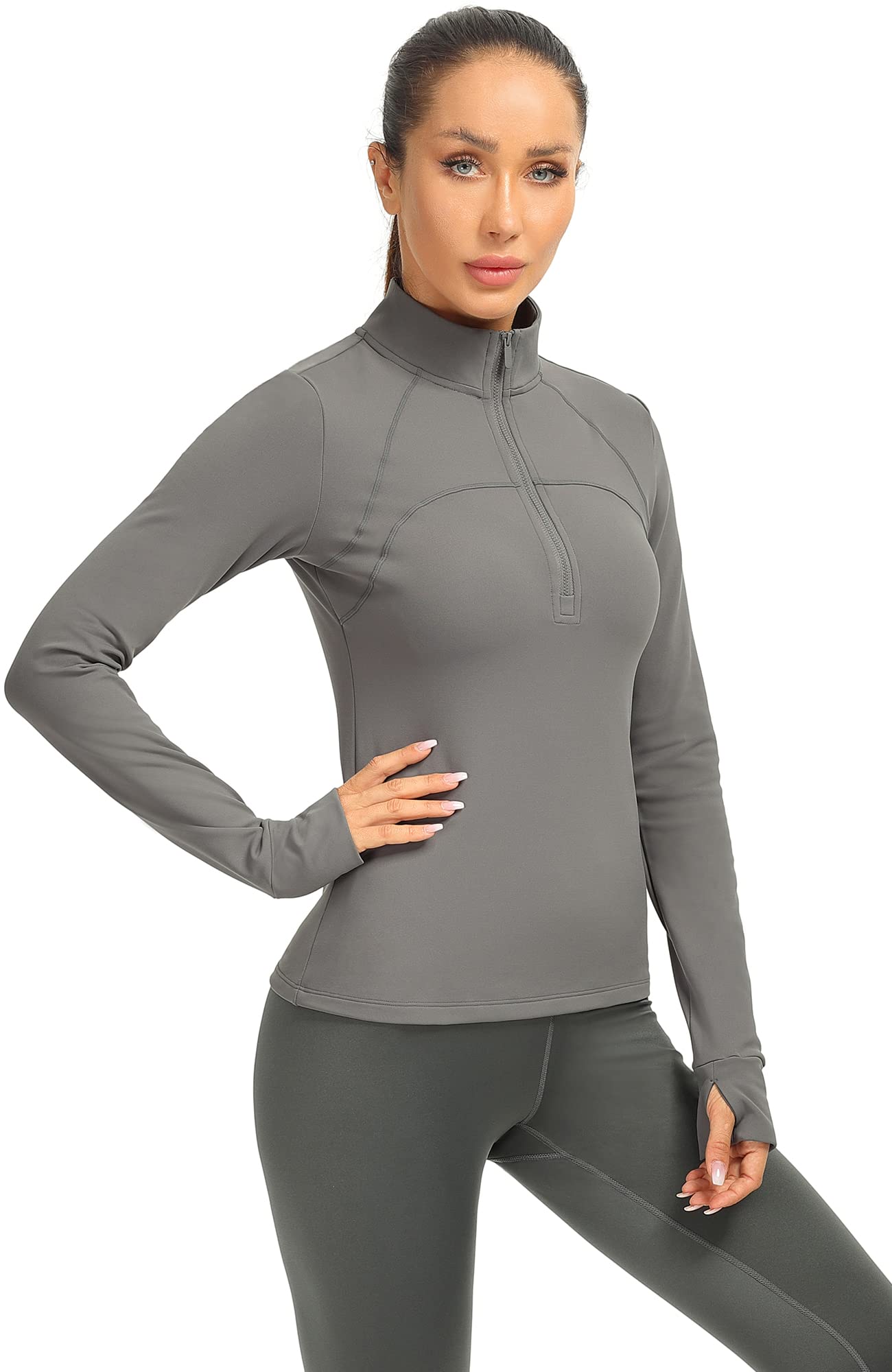 icyzone Fleece Lined Half Zip Pullover for Women with Thumb Holes, Athletic Workout Warm Jackets, Fitted Long Sleeve Yoga Crop Tops (Cacao, L)