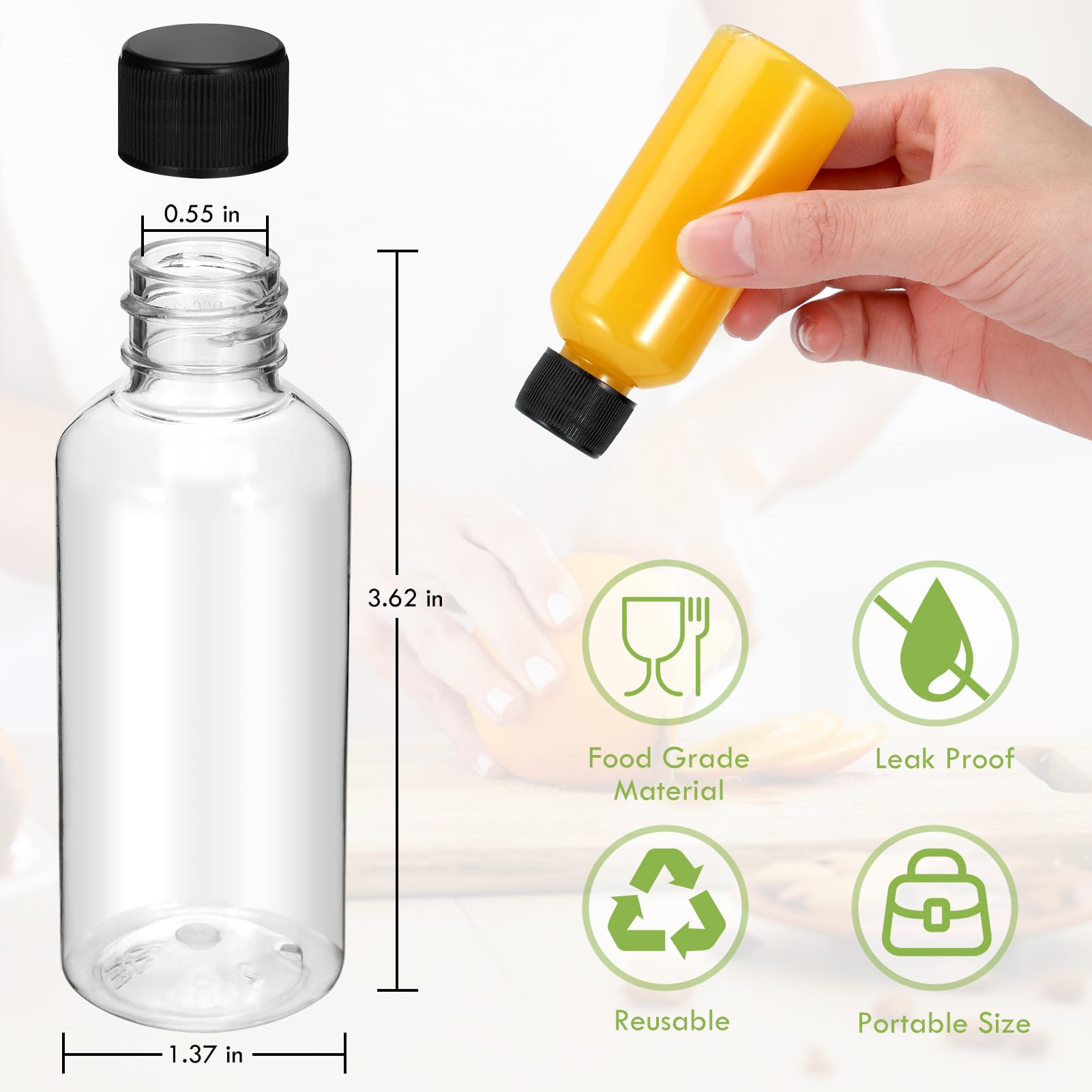 JuneHeart 2 oz Shot Bottles with Caps, 16 Pack Mini Reusable Plastic Ginger Shots Bottles Leakproof Juice Shot Bottles with Lids for Homemade Juice, Oil, Liquid Samples
