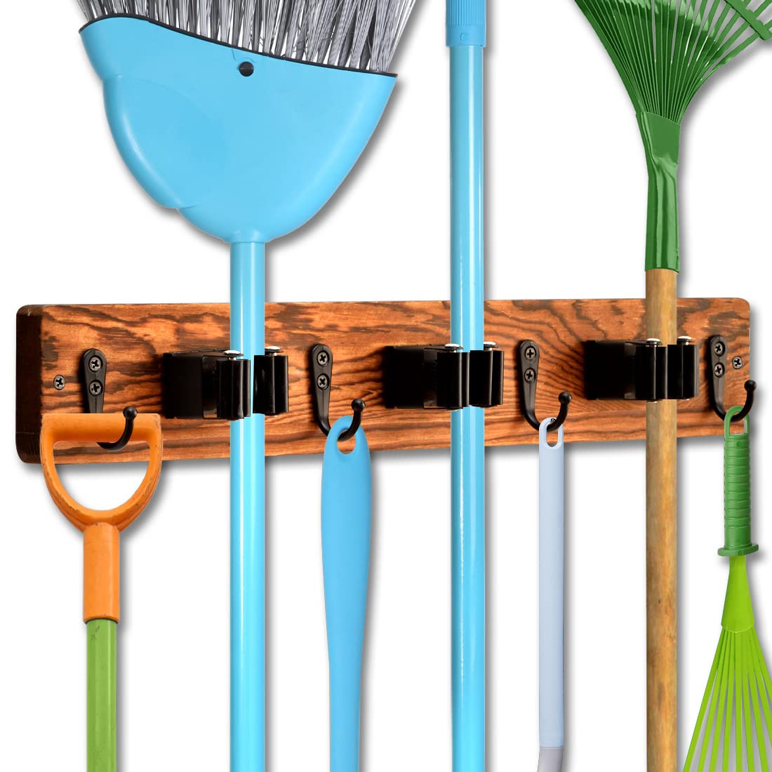 Mop and Broom Holder Wall Mount, Rustic Solid Wood Holder Garden and Kitchen Garage Tool Organizer Wall Hanger for Home Goods (3 Positions with 4 Hooks)