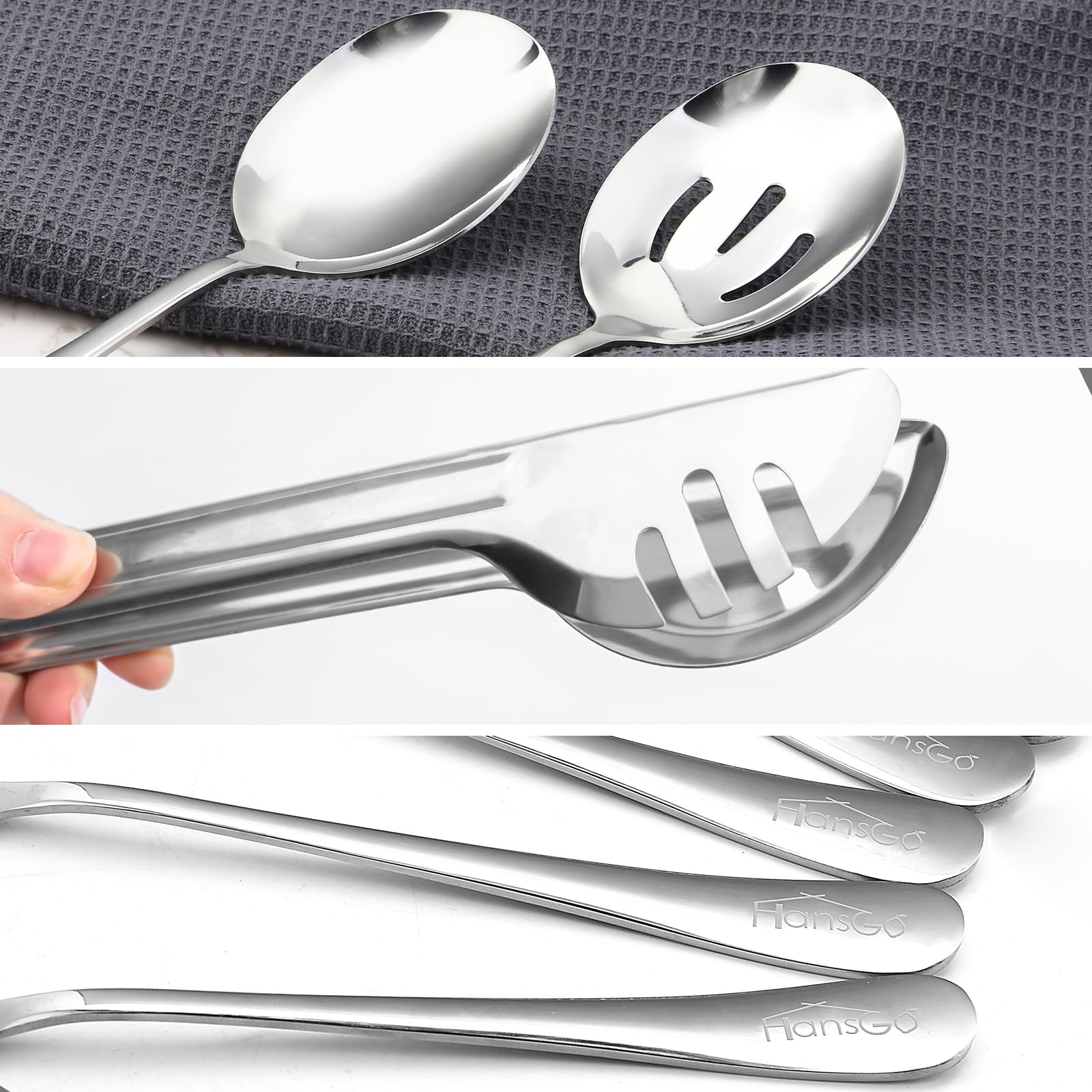 HANSGO Serving Utensils Stainless Steel, 6PCS Large Serving Utensils Including 2 Serving Spoons, 2 Slotted Spoons, 2 Serving Tongs for Wedding Party Family Dinners