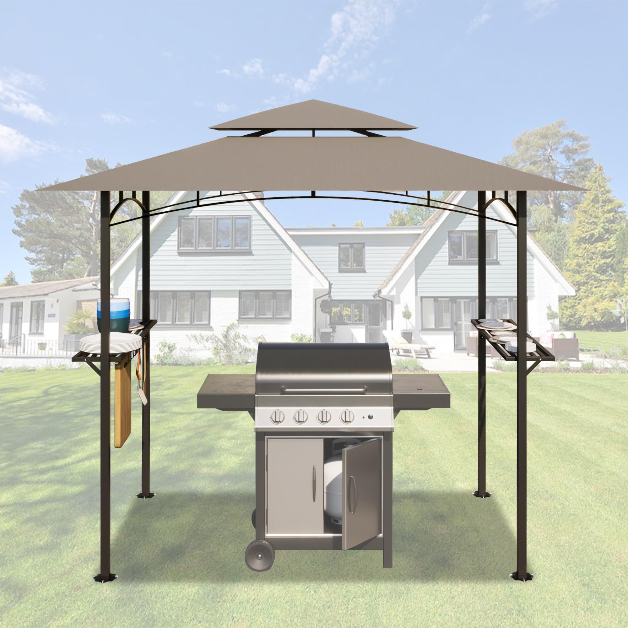 HGPZ 8 x 5 FT Grill Pergola Tent with Air Vent Double Tiered BBQ Gazebo Outdoor Barbecue Canopy, Gray