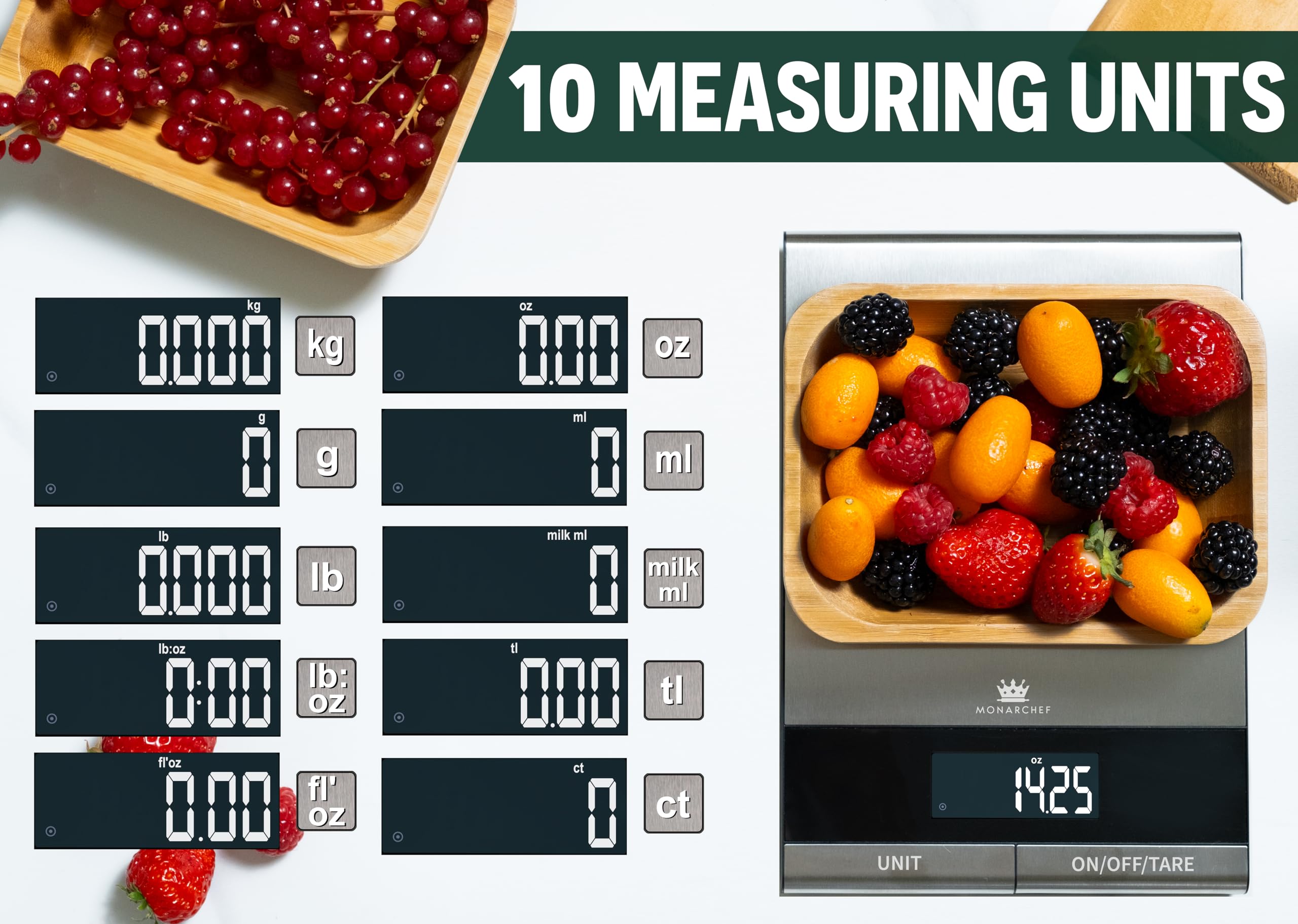 Monarchef Digital Food Scale for Kitchen, Baking, Cooking, and Meal Prep, 10 Unit Measurements, 22 lb Weight Capacity, Stainless Steel Top, Dual Power Option, 15 Features