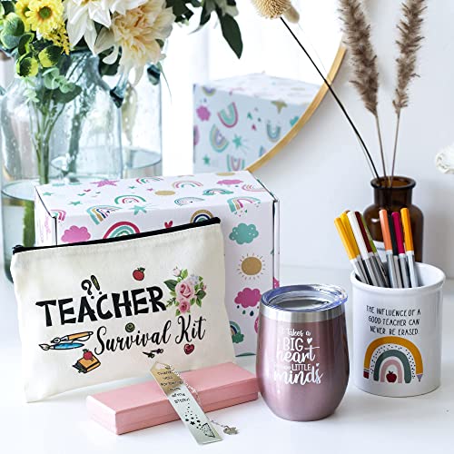 Hereman's Teacher Appreciation Gift Sets -Basket for Women, Back to School Gift, Christmas 12oz Wine Tumbler, Bookmarks, Ceramic Pen Holder, Pouch Bag, Rose Gold