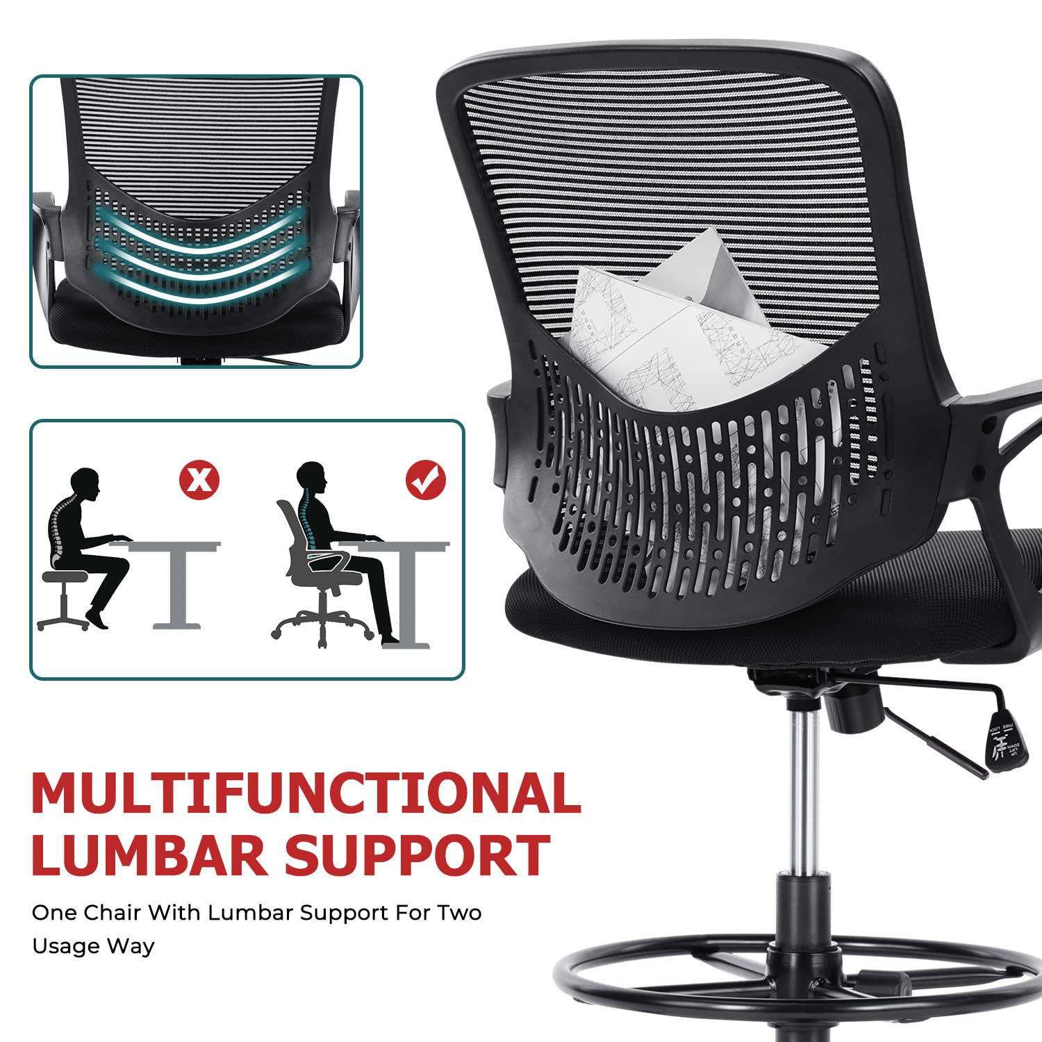 HOMEFLA Drafting, Tall Office, High Adjustable Ergonomic Mesh Computer Task Chairs with Lumbar Support, Armrests and Foot-Ring for Bar Height Desk, 28" D x 19" W x 47" H, Black