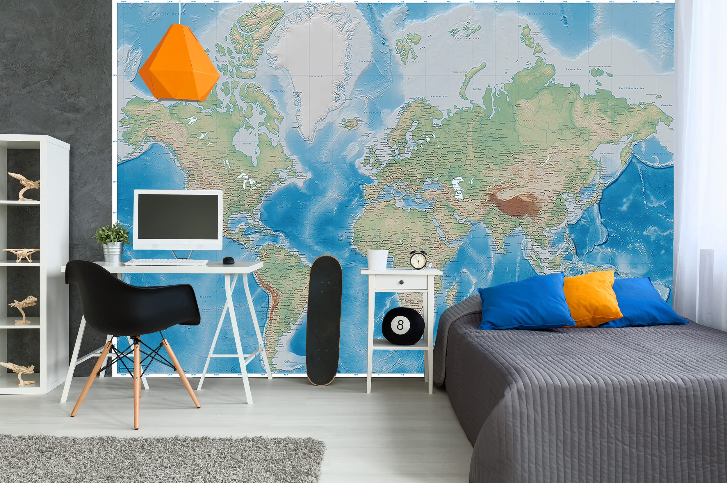 GREAT ART Photo Wallpaper World Map Decoration 132.3x93.7in / 336x238cm โ Miller Projection Relief Continent English City Names Modern Mural โ 8 Pieces Includes Paste