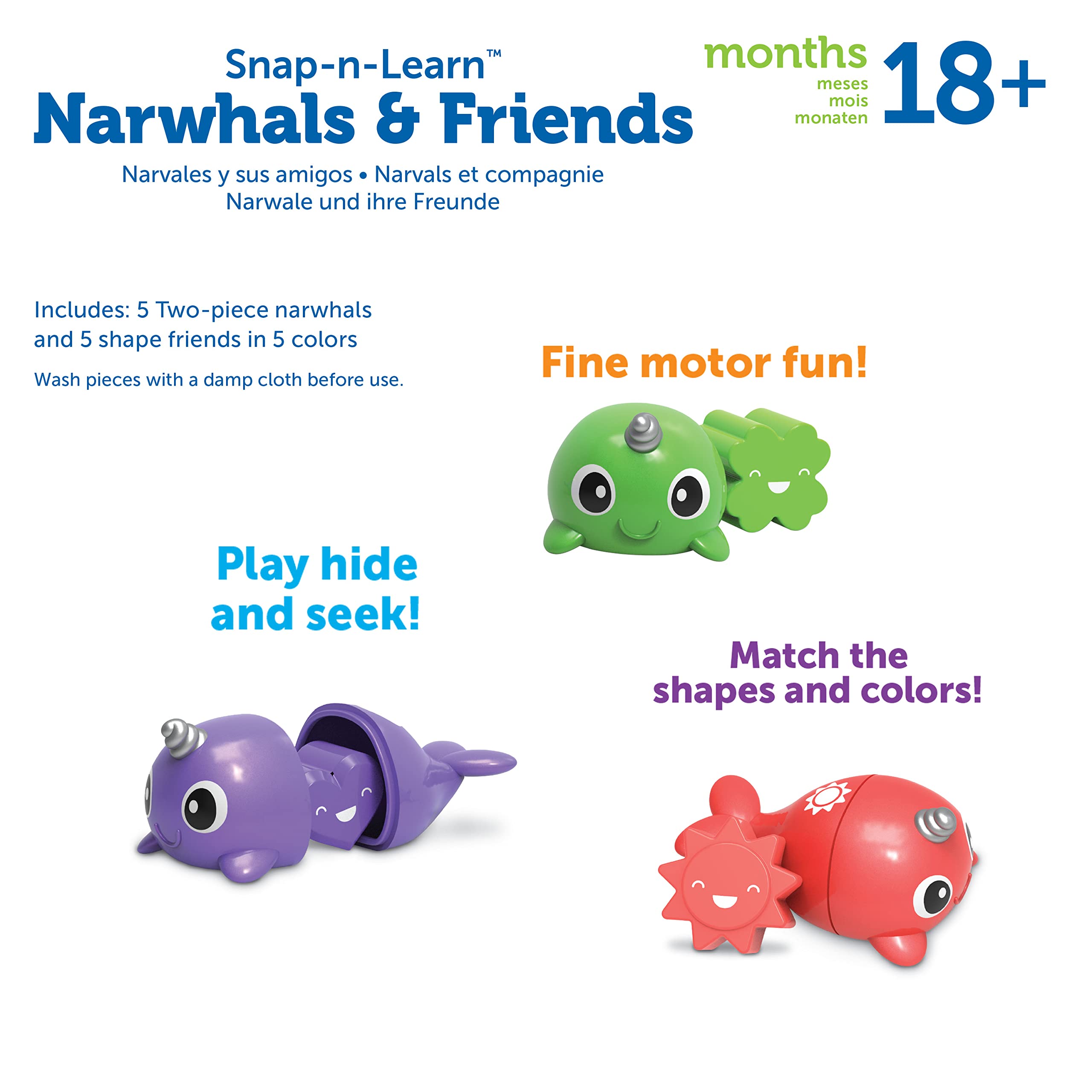 Learning Resources Snap-n-Learn Narwhals & Friends, 15 Pieces, Ages 18 Months+, Baby and Toddler Toys, Educational Toys, Color and Shape Recognition, Fine Motor Skills