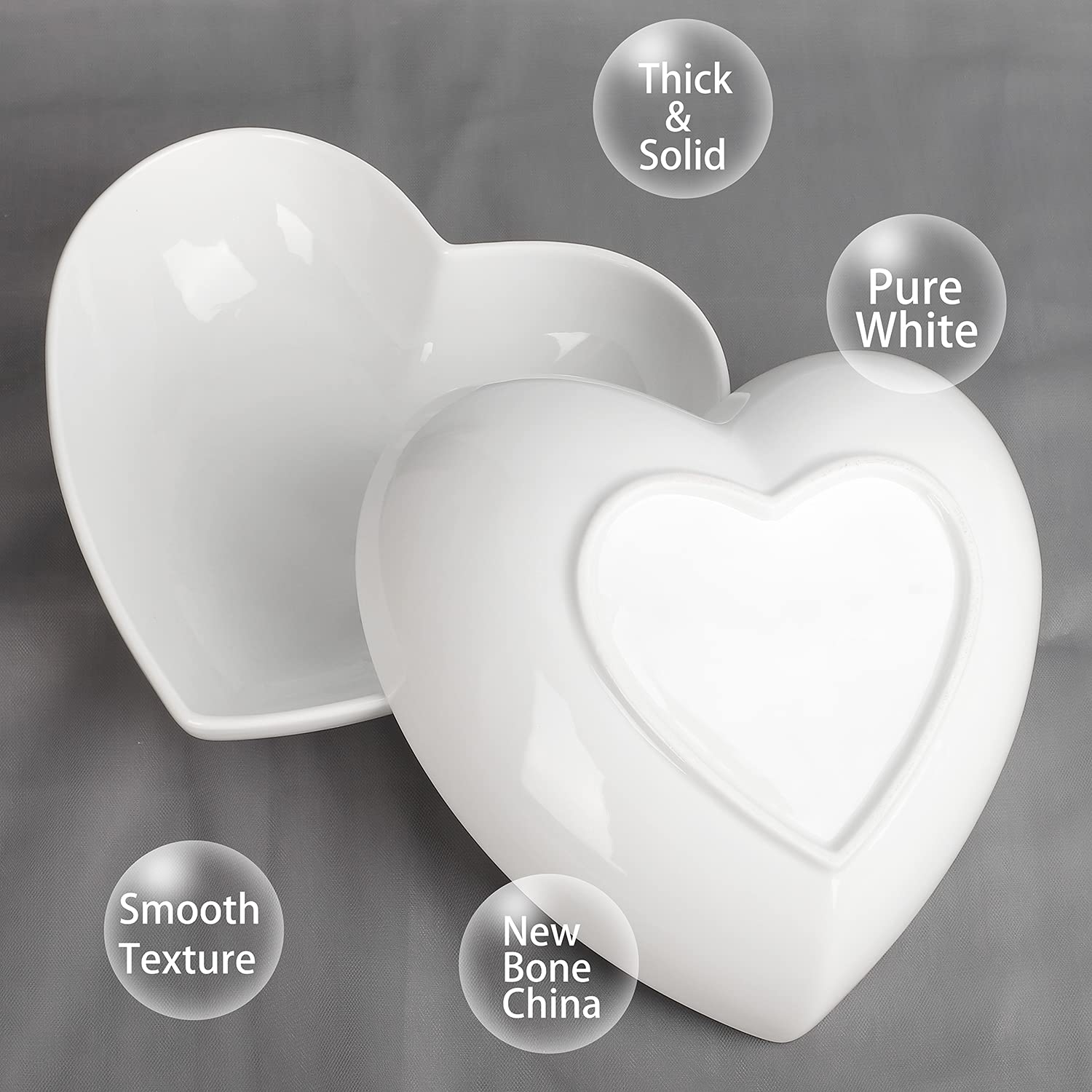 Keponbee Heart Bowls Porcelain 2pcs White Heart-shaped Bowl Dessert Bowls/Salad Bowl 7 inch, 20OZ