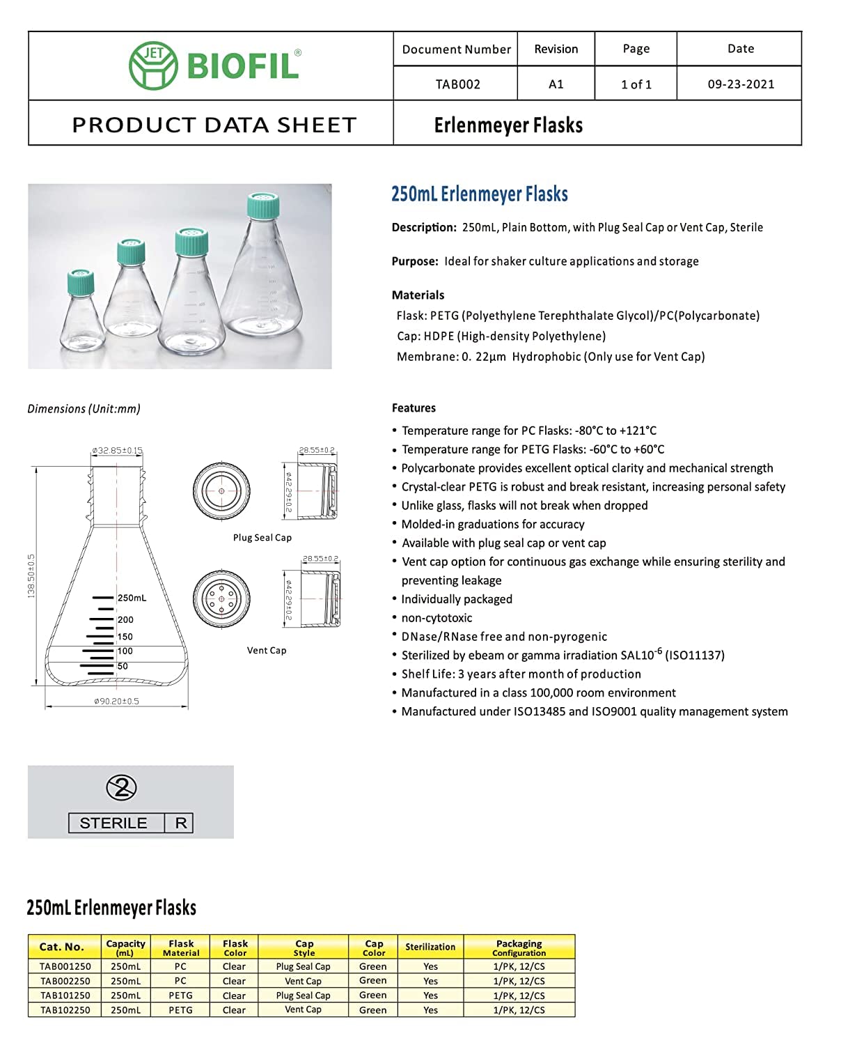Jet Biofil Sterile Plastic Erlenmeyer Flask - 1 Graduated and Baffled Flask with Vented Cap - Science Beakers - 250mL