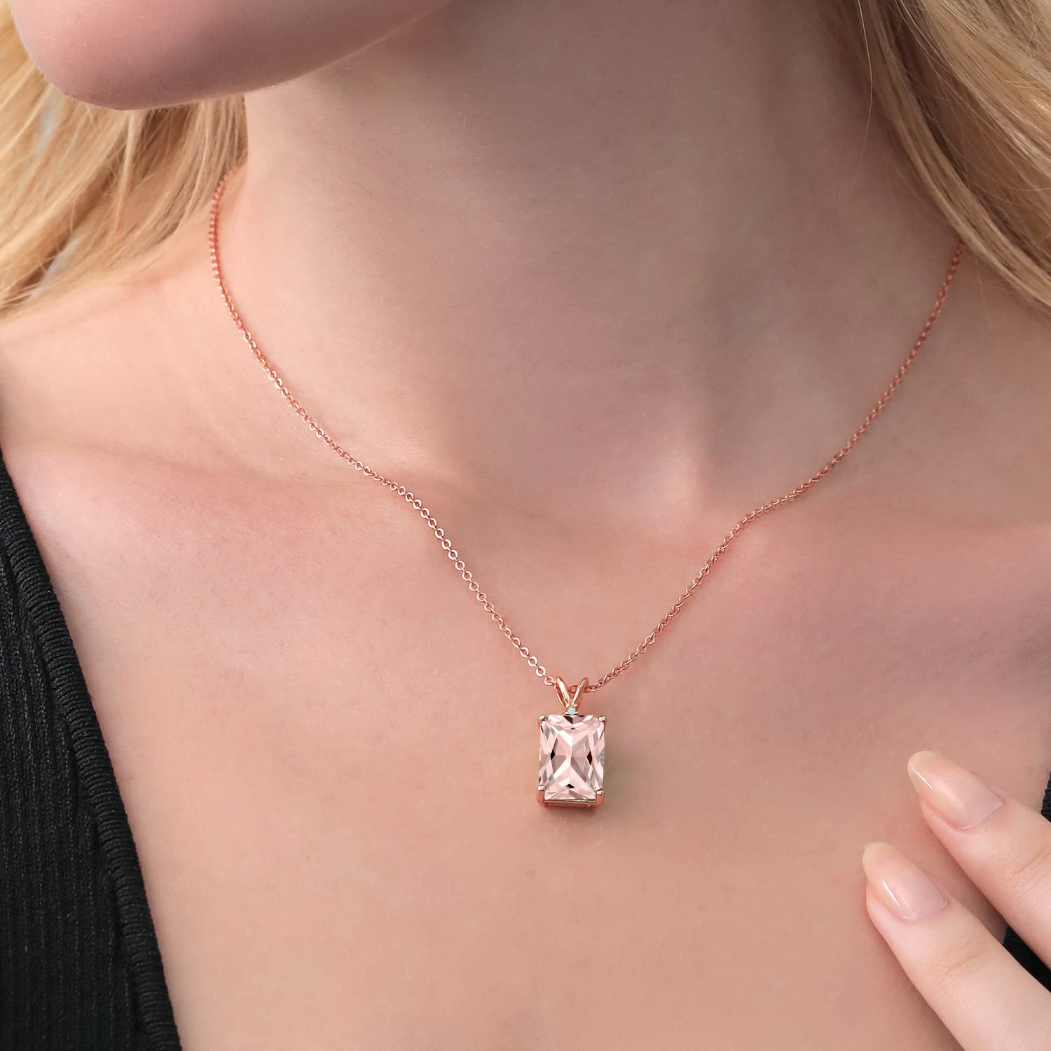 Gem Stone King 18K Rose Gold Plated Silver Peach Nano Morganite Pendant Necklace For Women (6.32 Cttw, Gemstone October Birthstone, Emerald Cut 14X10MM, with 18 Inch Silver Chain)