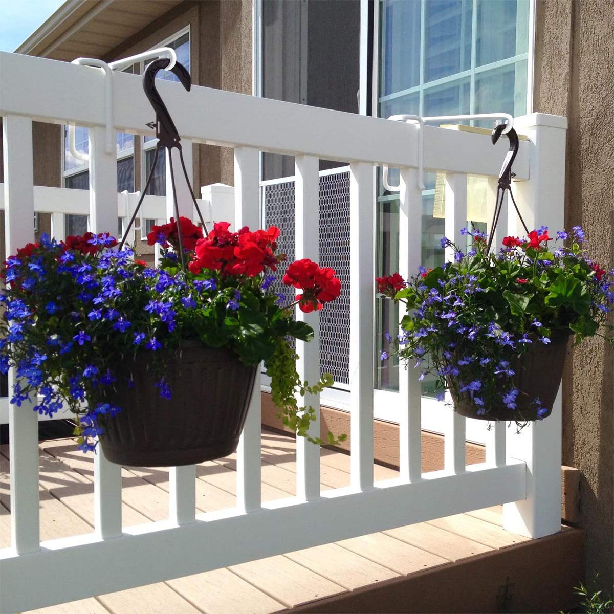 JOYSEUS 2 Pack Vinyl Fence Hooks, 5 x 10 Inches Durable White Powder Coated Steel Fence Hanger for Light, Hanging Plants, Bird feeders, Lights, Pool Equipment…