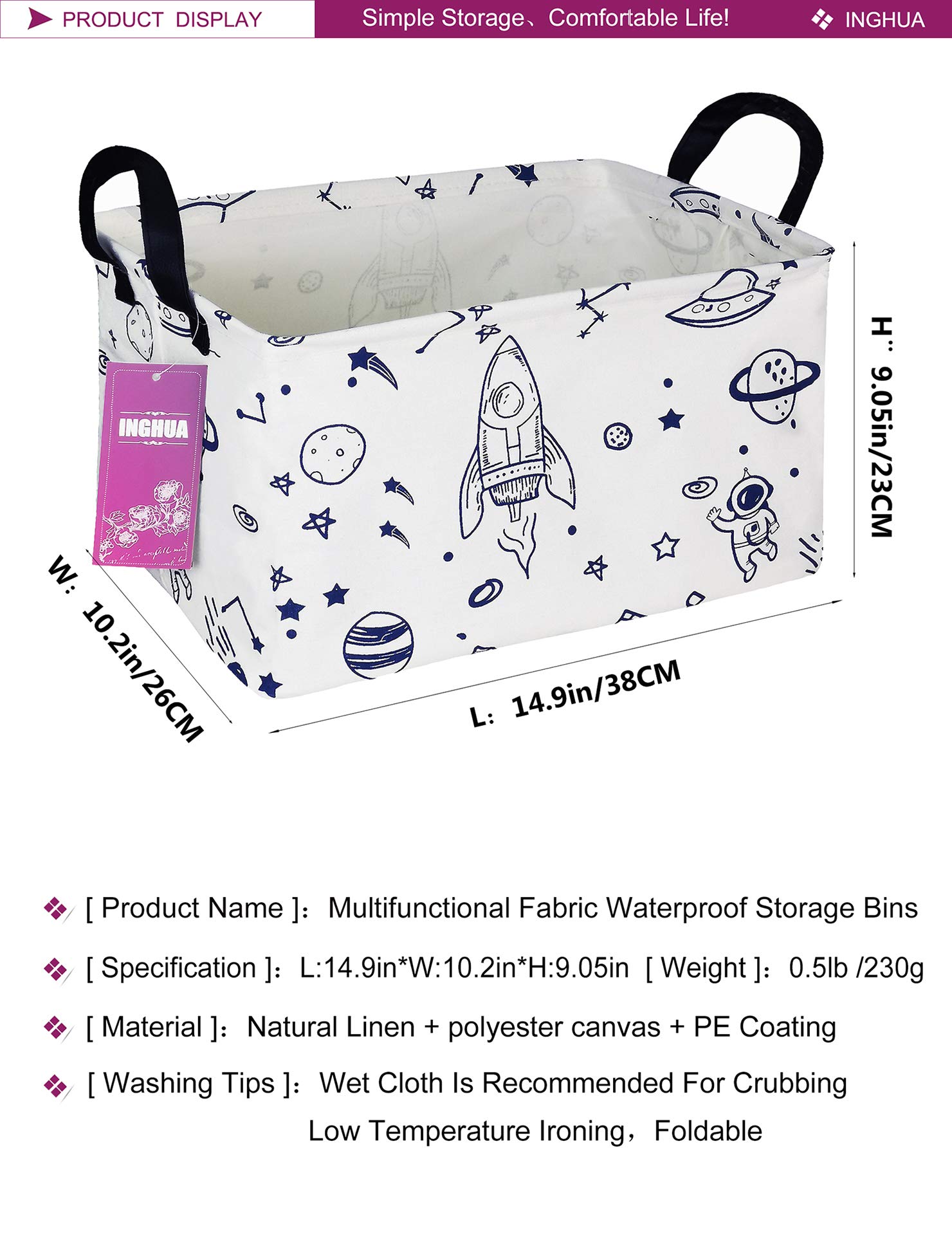INGHUA Rectangular Storage Basket Fabric Organizer Bin for Toys,Books,Clothes,Gifts,Pets-Perfect for Home,Office,Nursery,Dorm,Shelf(Rec Spaceships)