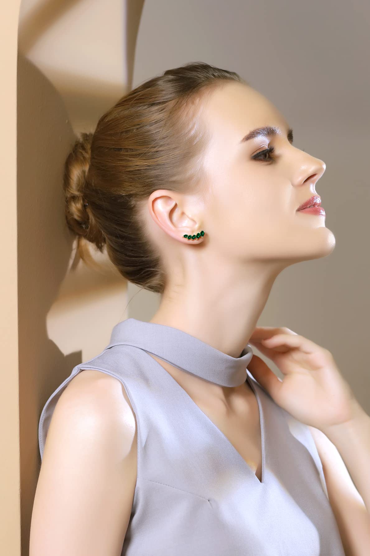Green Earrings for Women Trendy Gold Flashed Sterling Silver Synthetic Quartz Teardrop Curved Climber Crawler Earring