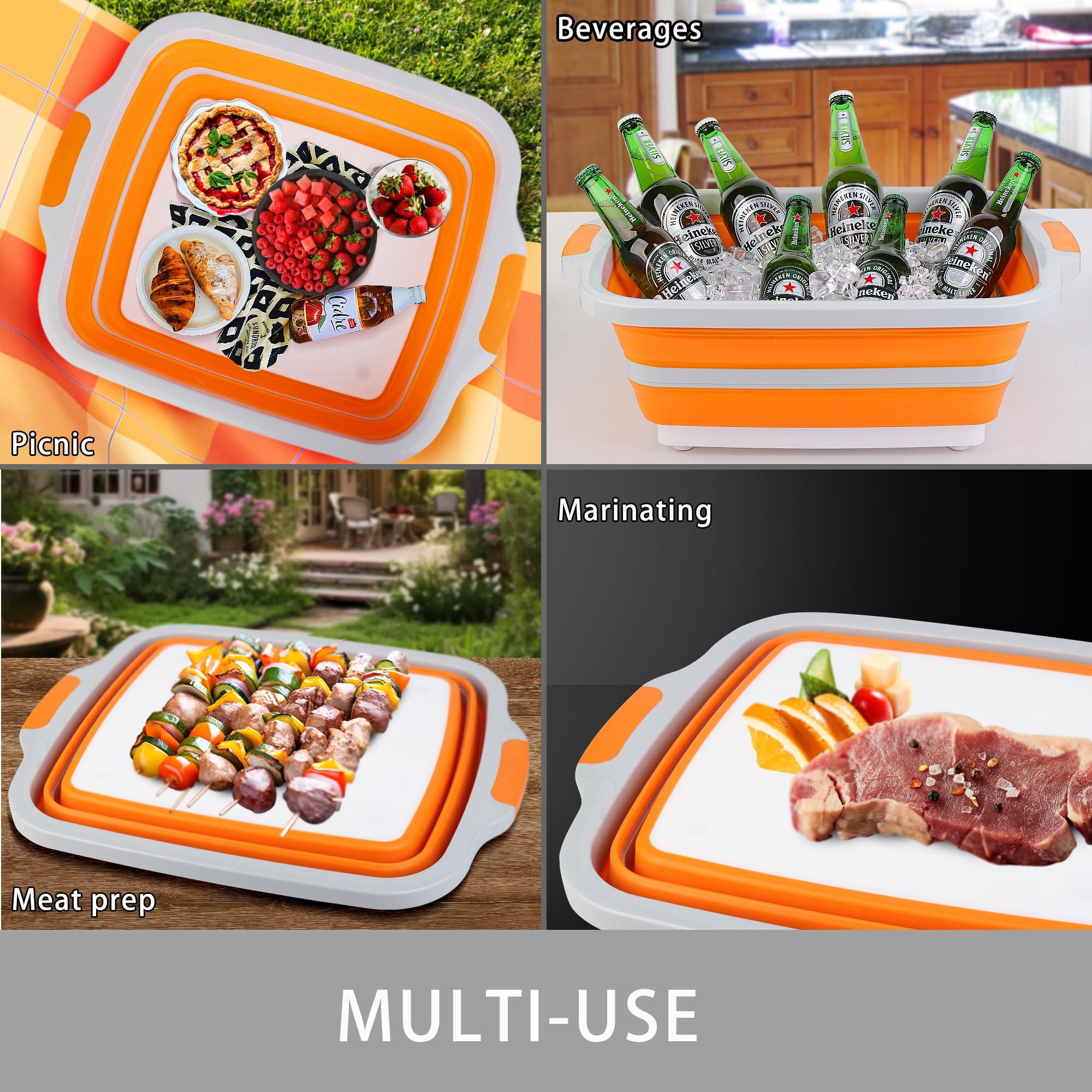 Large Collapsible Cutting Board(4.22 Gal/16L), Foldable Camping Sink with Colander, BBQ Prep Tub with Lid, Multifunction Dish Basin for Kitchen, Bowl, Vegetable and Fruit, Storage Basket for Picnic