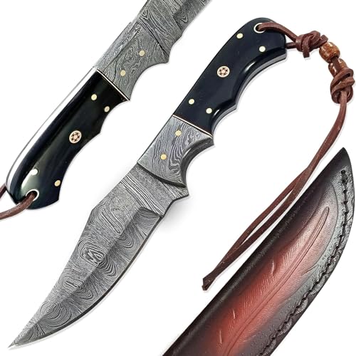 Handmade Damascus Hunting Knife with Sheath - Fixed Blade Hunting Knives for Men - Walnut Wood Handle Fixed Blade EDC Knife With Leather Sheath - Bushcraft Knives, Camping Knife Survival
