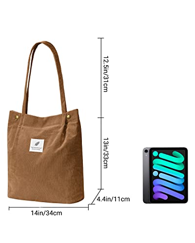 Iioscre Corduroy Tote Bag for Women,Tote Bag for School,Large Capacity Zipper Casual Shoulder Bag with Inner Pockets