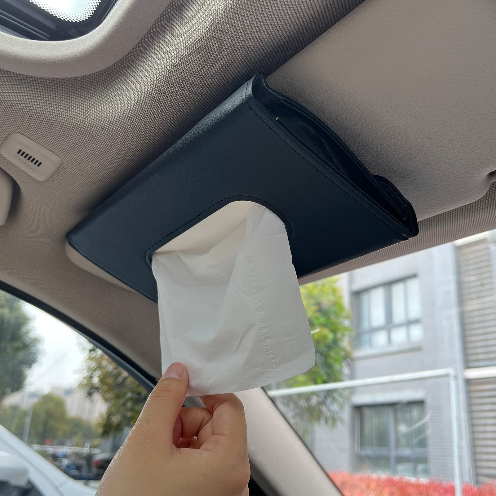 Grafken Car Tissue Holder, Mask Holder for Car, Visor Tissue Holder, Wipes Case for Car, PU Leather Backseat Tissue Case Holder for Vehicle (Black)