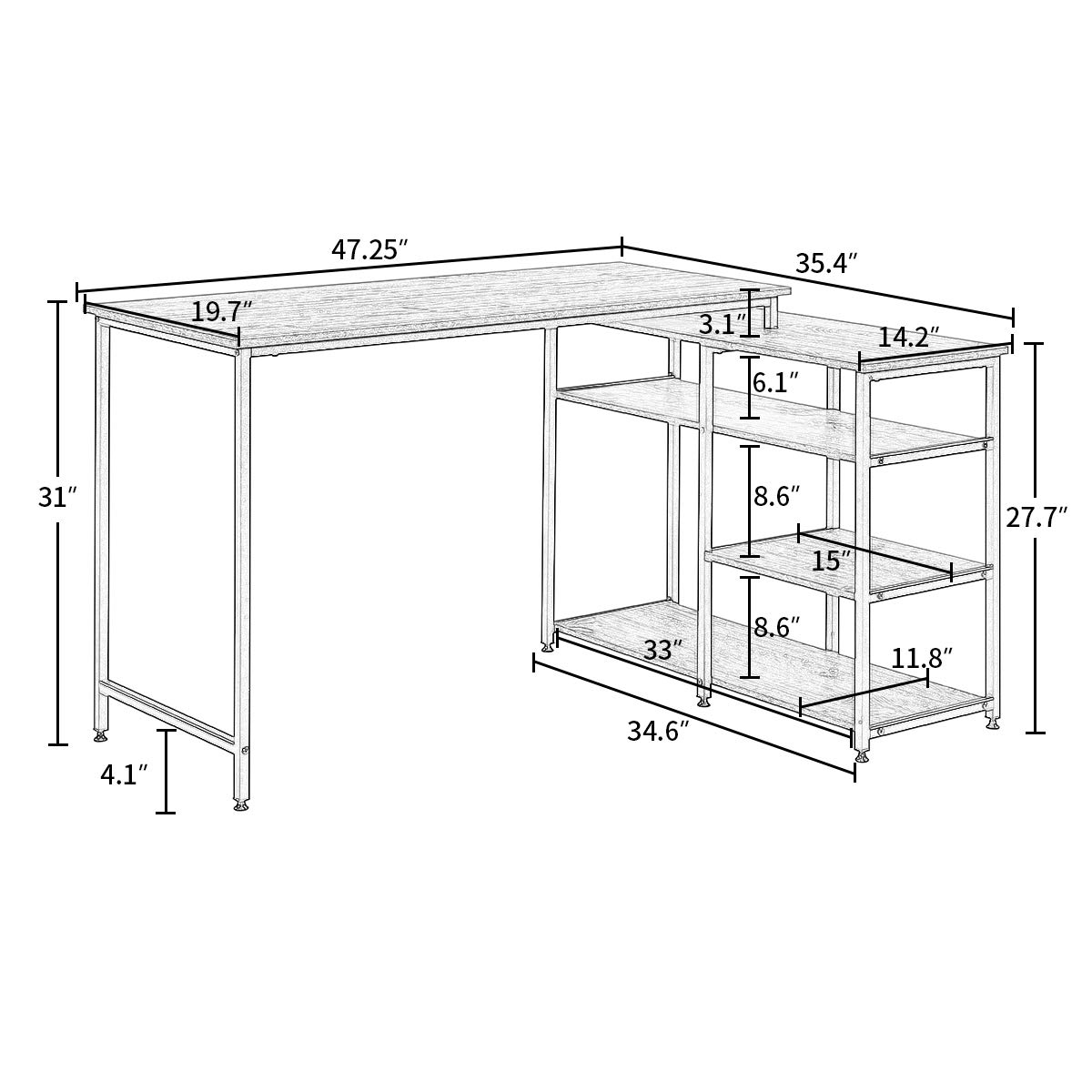 Henf L-Shaped Computer Desk, Industrial Rustic Wood and Metal Office Desk Writing Table with Storage Shelves, Left or Right Set Up Corner Desk Study Table for Home Office, Brown