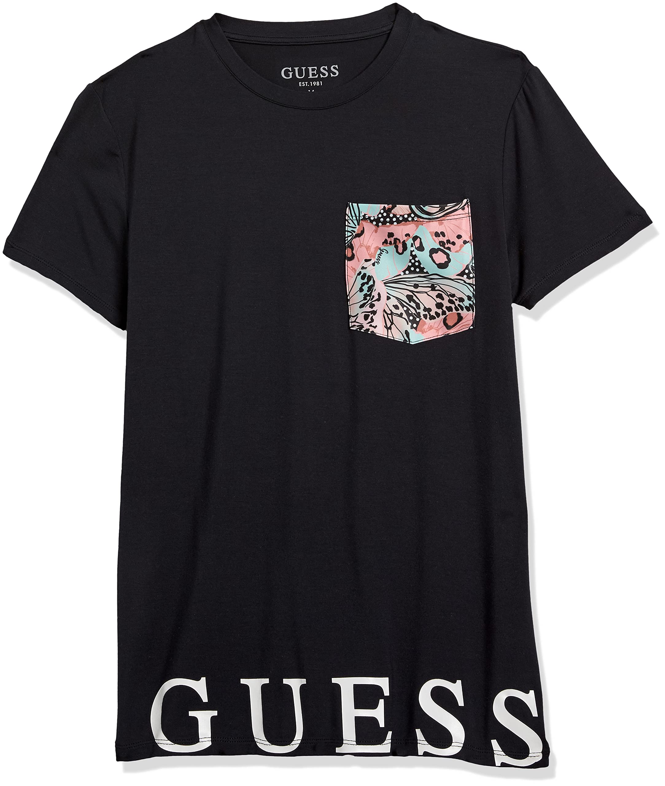 GUESS Girls' Big Soft Jersey Digital Logo Print Pocket T-Shirt, Jet Black, 12