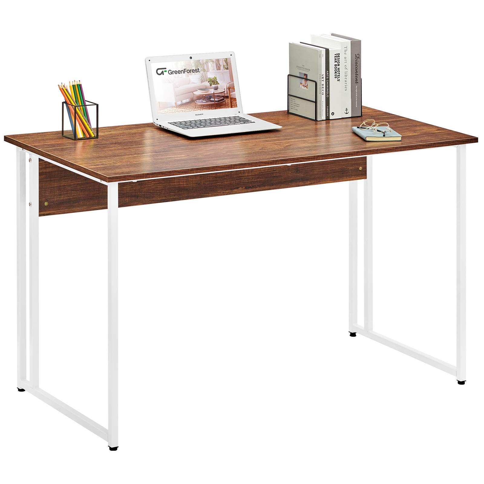 GreenForest 47" Computer Writing Desk, Small Study Desk for Small Spaces, Modern Simple Home Office Working Table for Bedroom and Domitory,with White Metal Legs, Walnut