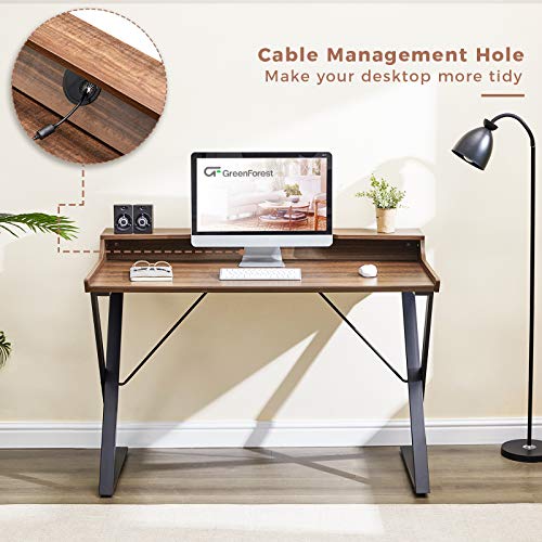GreenForest Computer Desk with Hutch 47" Home Office Writing Desk Modern Style Study Working Table Laptop PC Workstation, with Heavy Duty Metal Frame and Wooden Desktop,Walnut