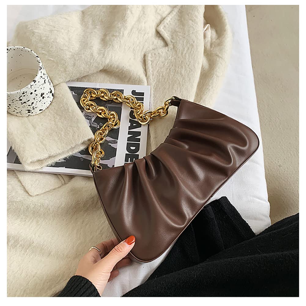 JRNDNIUO Chain Purse Bag for Women, 90s Shoulder Purses, Trendy Dumpling Handbag, Cloud Pouch Purse with PU Leather Gold Chain Clutch Brown