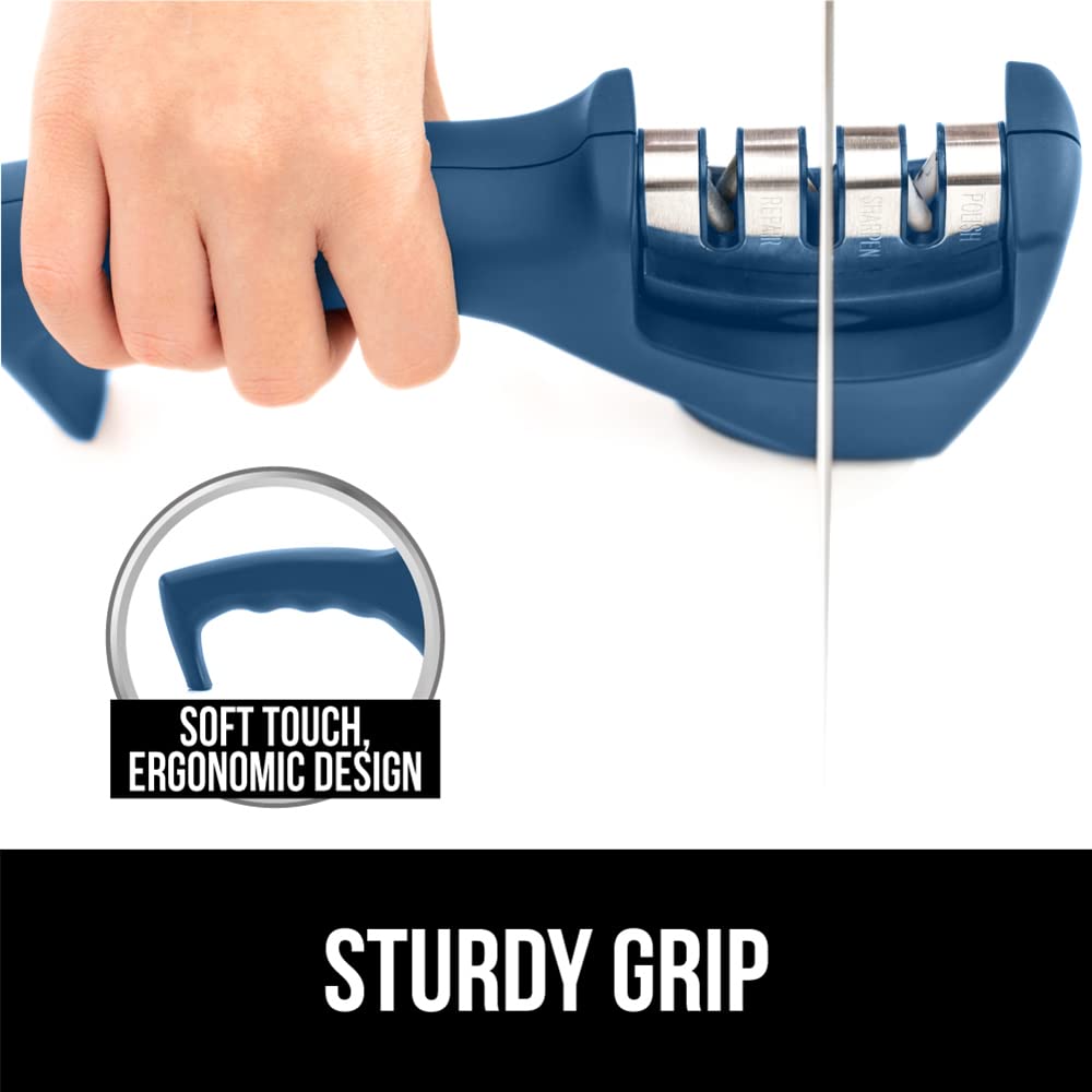 Gorilla Grip Easy to Use Knife Sharpener, 3 Sharpening Options to Help Polish, Sharpen and Repair Kitchen Knives, Restore Dull Blades, Slip Resistant Handle, Durable, Professional Chef Quality, Blue