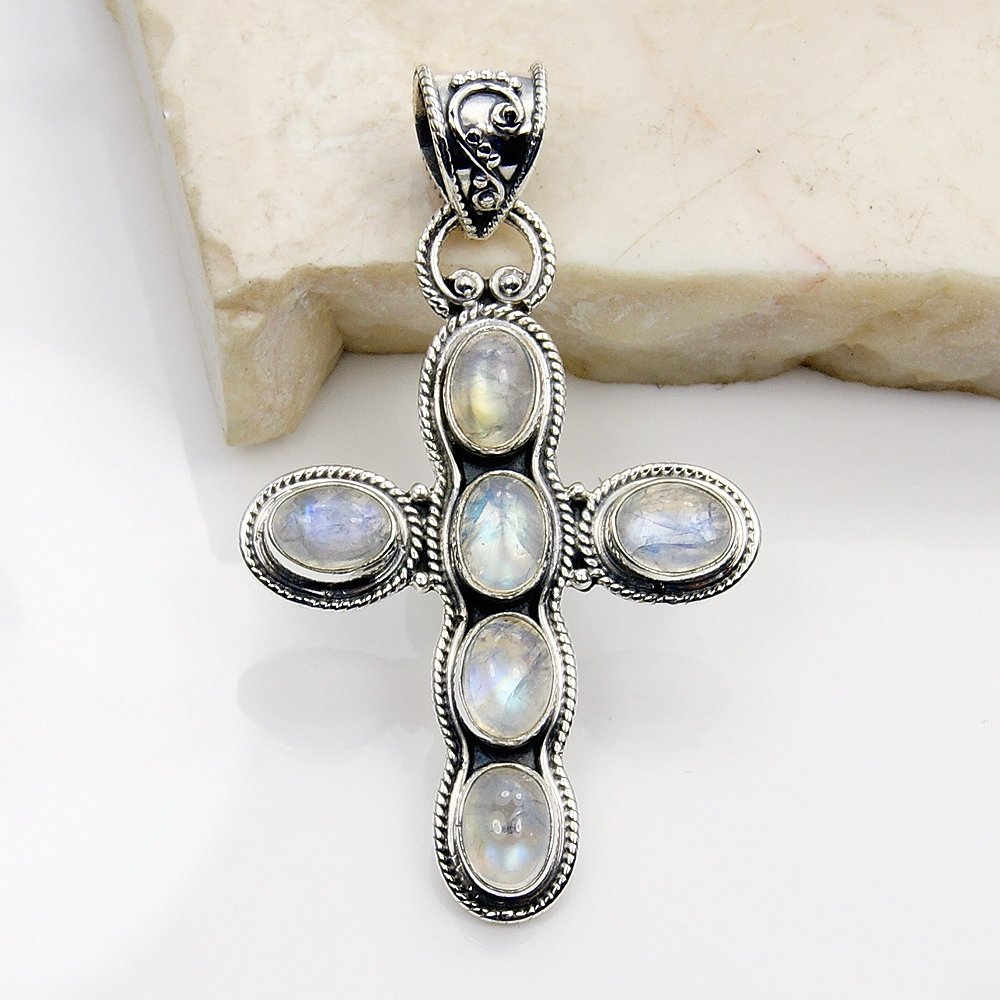Glow Of Faith' Large Sterling Silver Natural Moonstone Cross Pendant