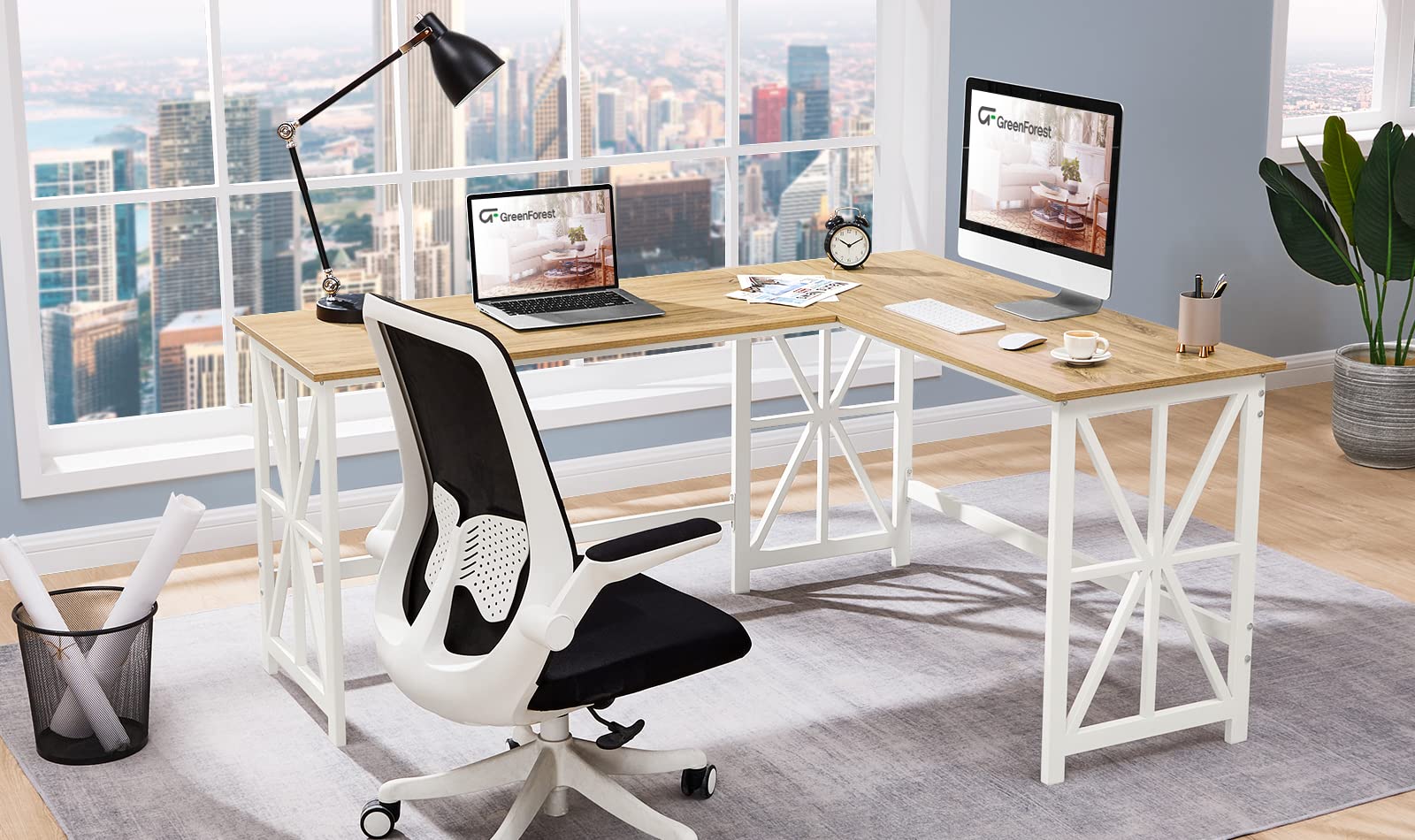 GreenForest Large L Shaped Computer Desk,63.8 x 50 inch Corner Computer Desk for Home Office Industrial Heavy Duty Workstation, Oak