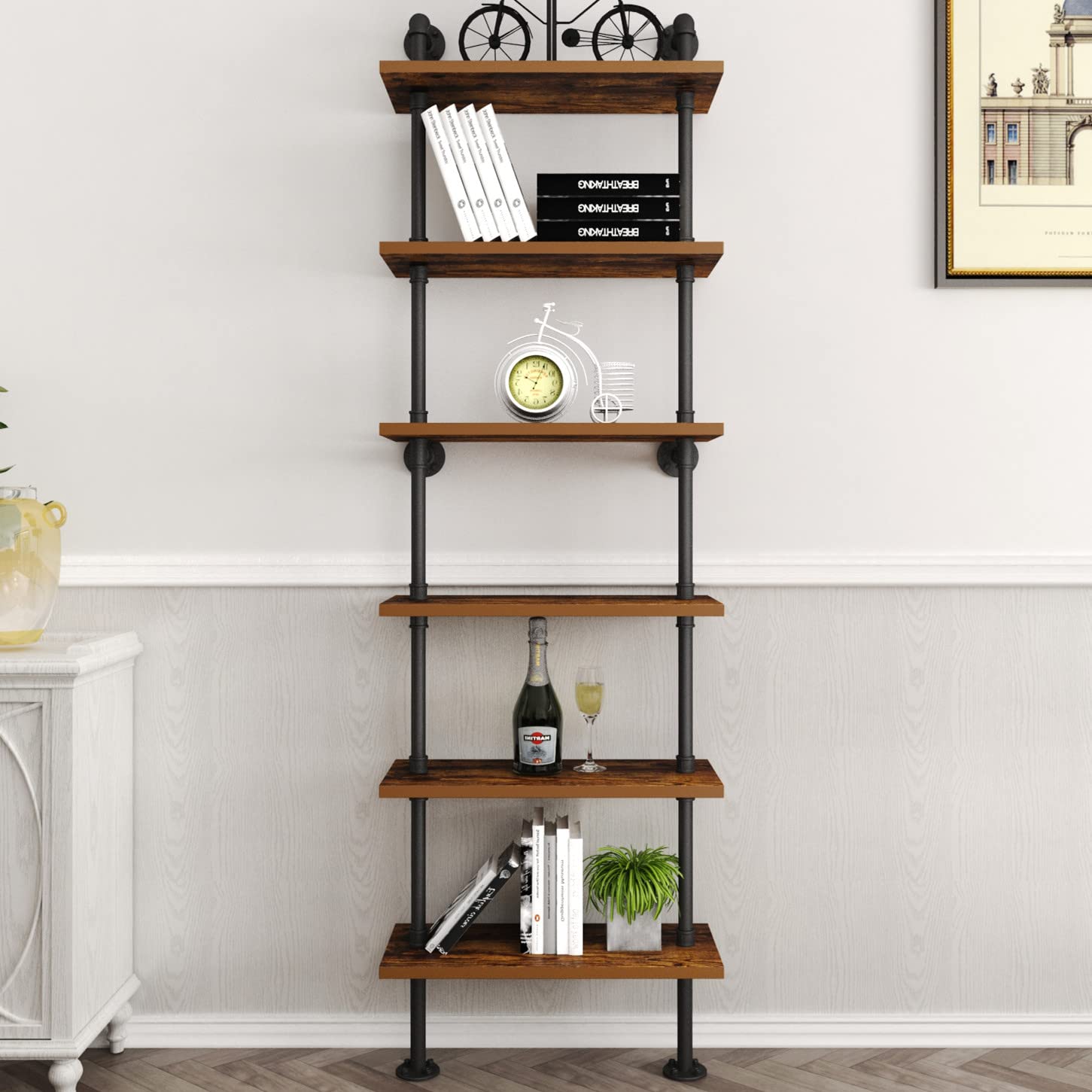 HOMEKAYT Wood Wall Shelf Ladder Bookshelf Wall Mounted Storage Decor Shelf for Home, Office, Living Room(6-Tier)-Black