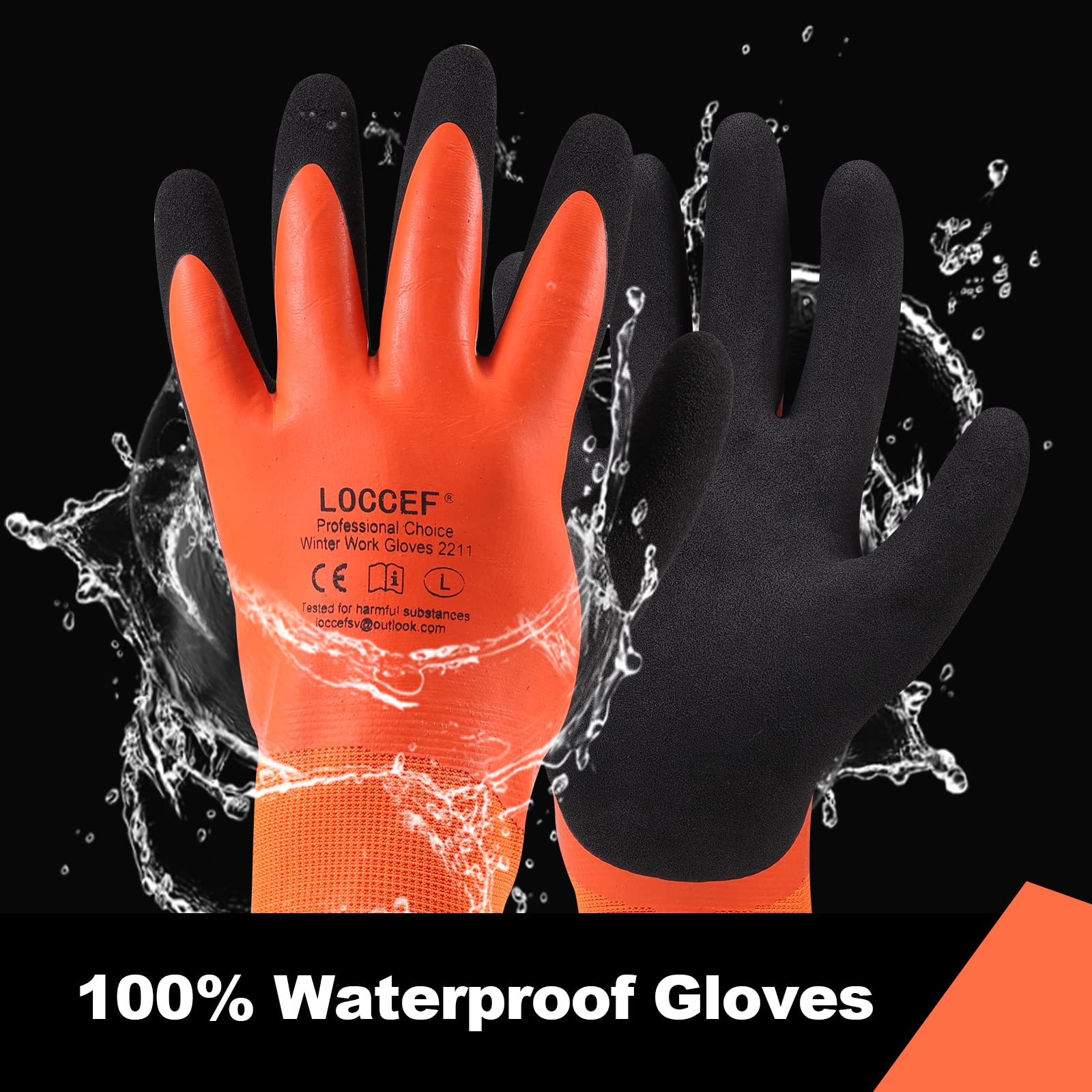 LOCCEF 2 Pairs 100% Waterproof Winter Gloves,Winter Work Gloves Thermal Liner Grip Coating Warm,Thermal Insulated,Super Grip(L)