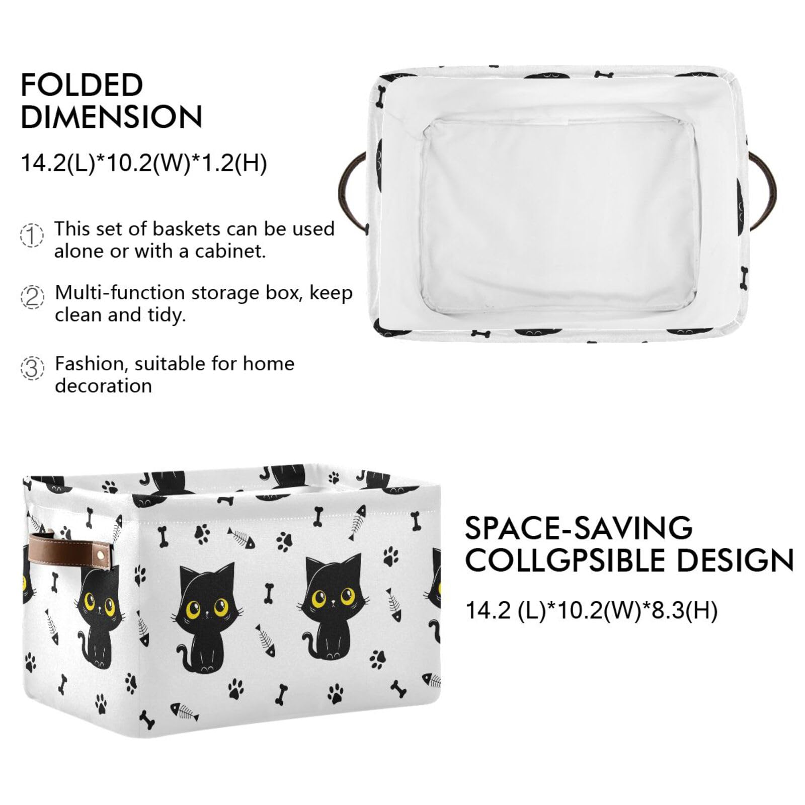Halloween Black Cat Bone Storage Basket Bins Foldable Laundry Hamper Toy Storage Bins Box Organizer for Living Room Clothes Nursery Closet Shelf Playroom,1 pcs