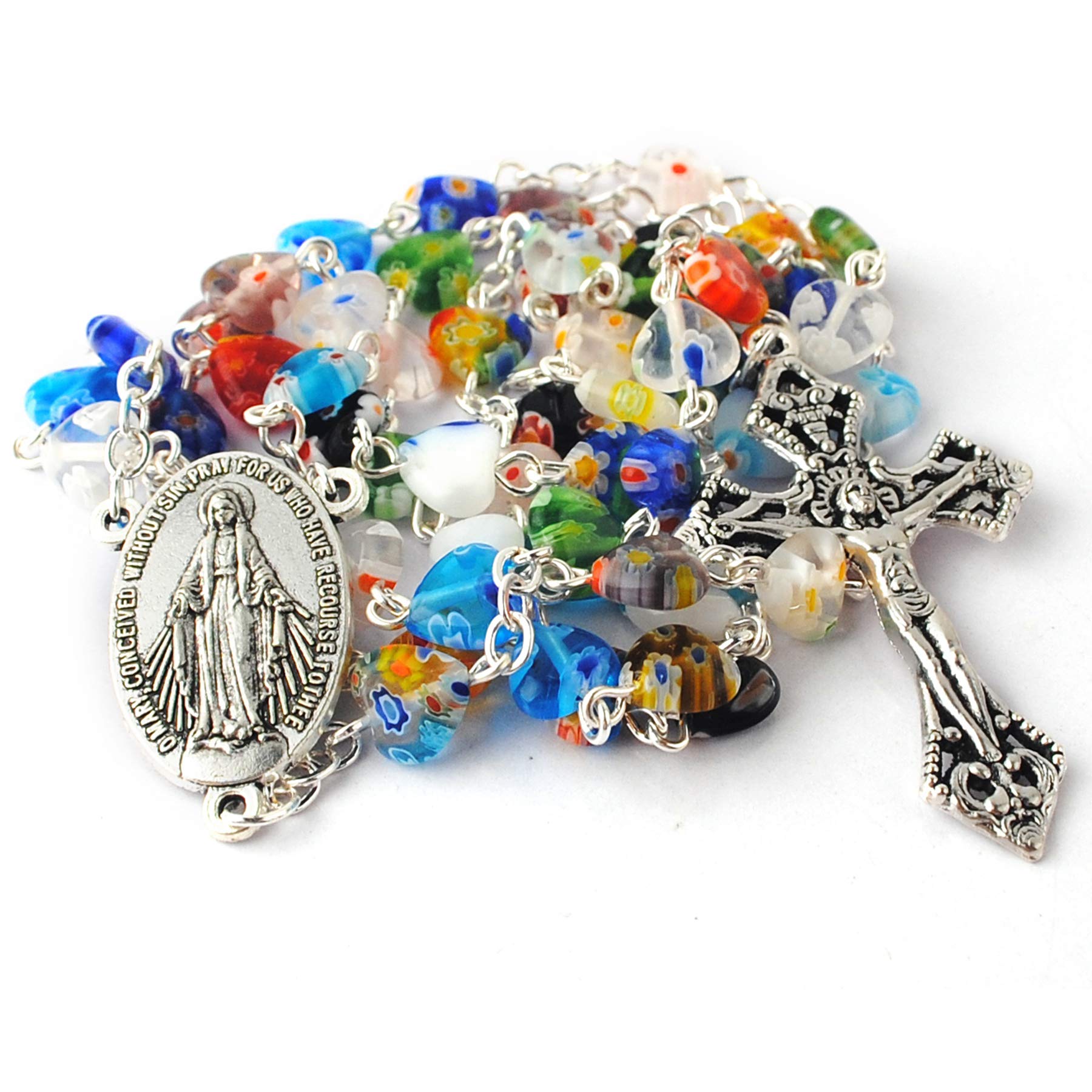 HanlinCC 8mm Multicolor Glass Heart Shape Beads Catholic Rosary with Miraculous Center Piece and Cross