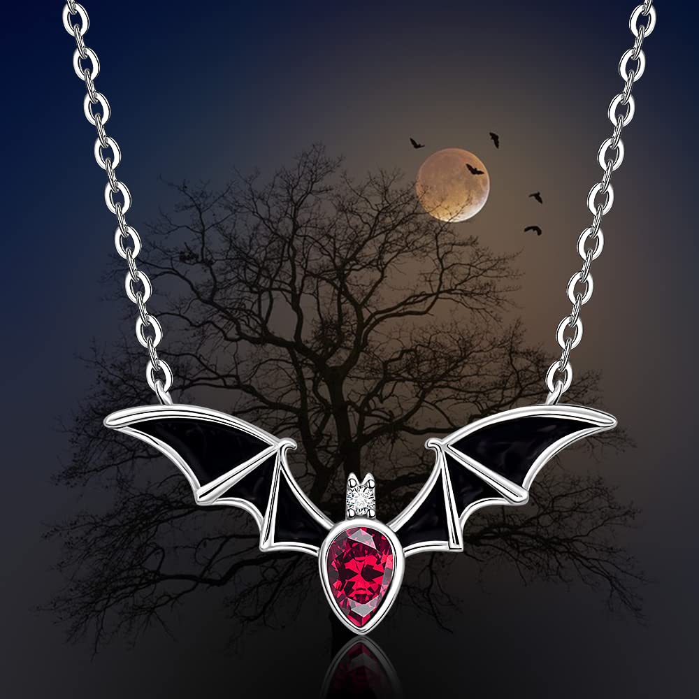 Halloween Bat Necklace Sterling Silver for Women Black Cubic Zirconia Chain Choker Vampire Witch Ghost Festival Classic Funny Cute Dainty Christmas Gift