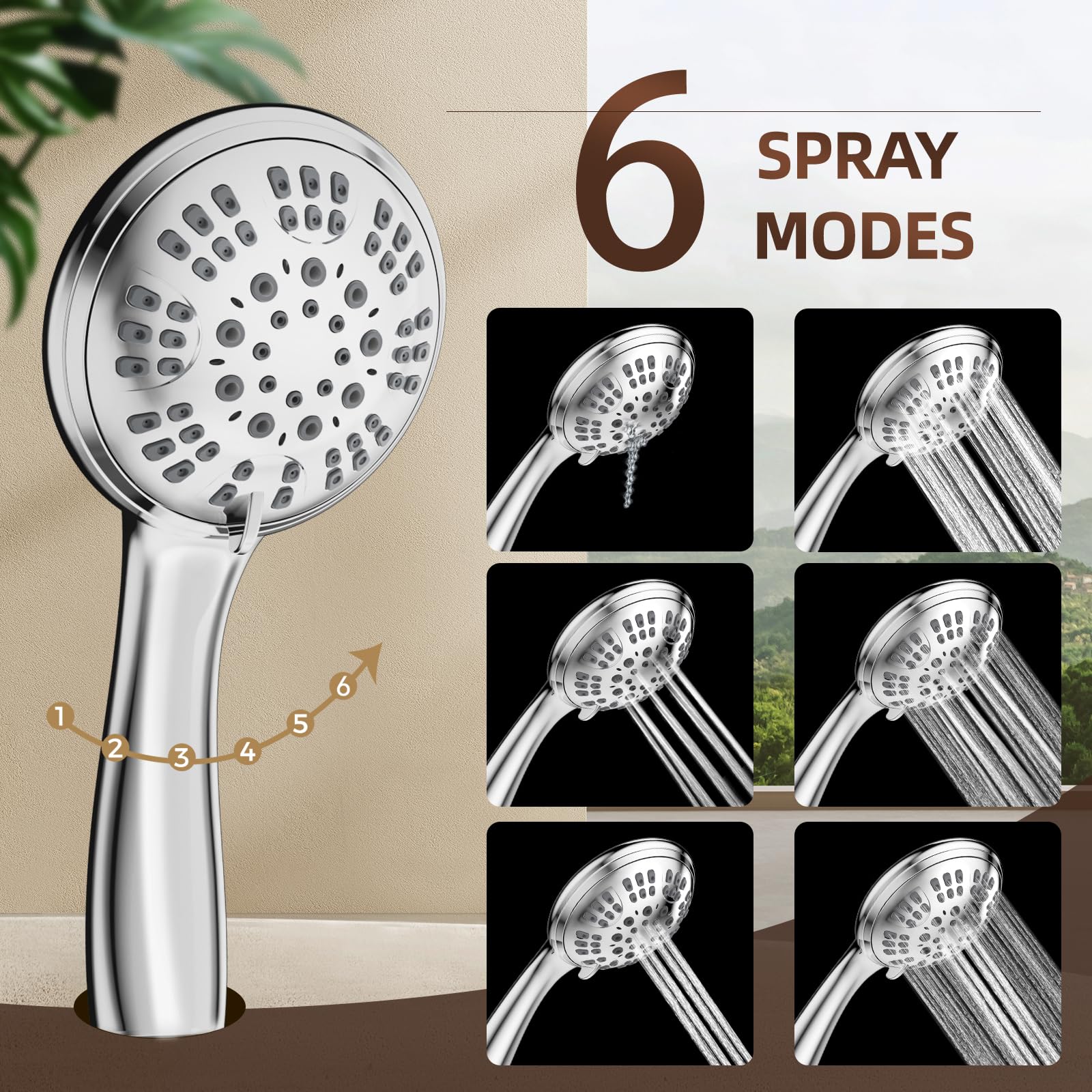 High Pressure 6 Functions Shower Head with Handheld Eco-Performance Handheld Shower Head Removable Shower Head with 60-Inch Metal Hose Adjustable Shower Bracket Tool-less 1-Min Installation