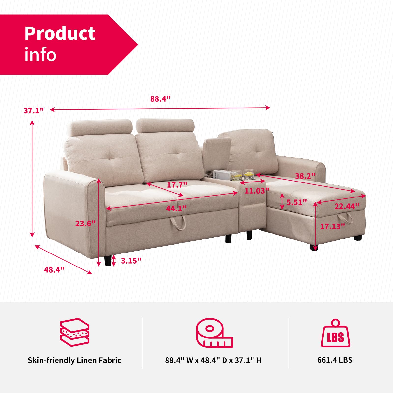 MUZZ 89" Sectional Sofa with Storage Chaise with Cup Holders, Modular L Shaped Sectional Sofa with Neck Pillows, Convertible Sectional Couch for Living Room/Apartment,Light Grey
