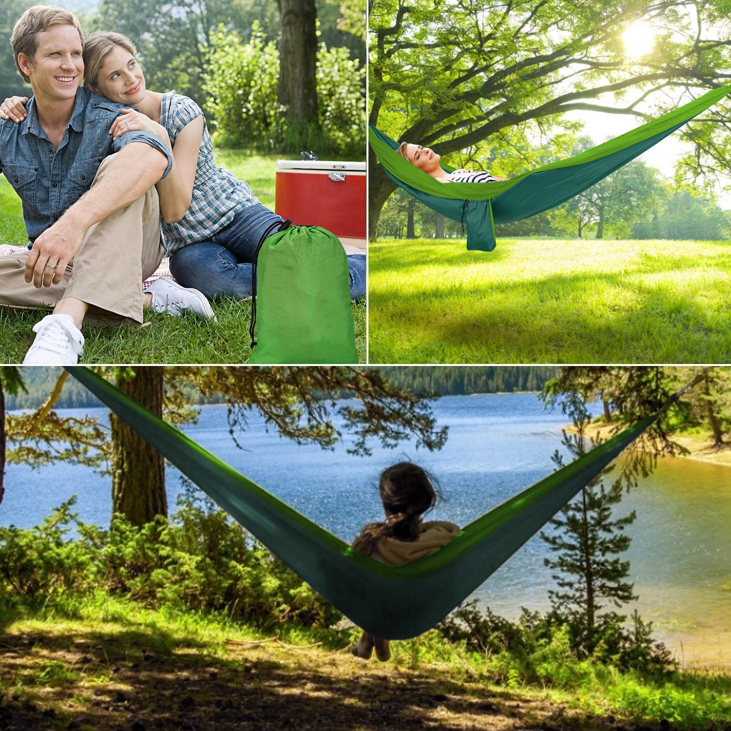 Hammock Portable Double Hammocks,for Hiking、Camping、Backpacking、Travel、Yard、Beach (Blackish Green/Light Green)