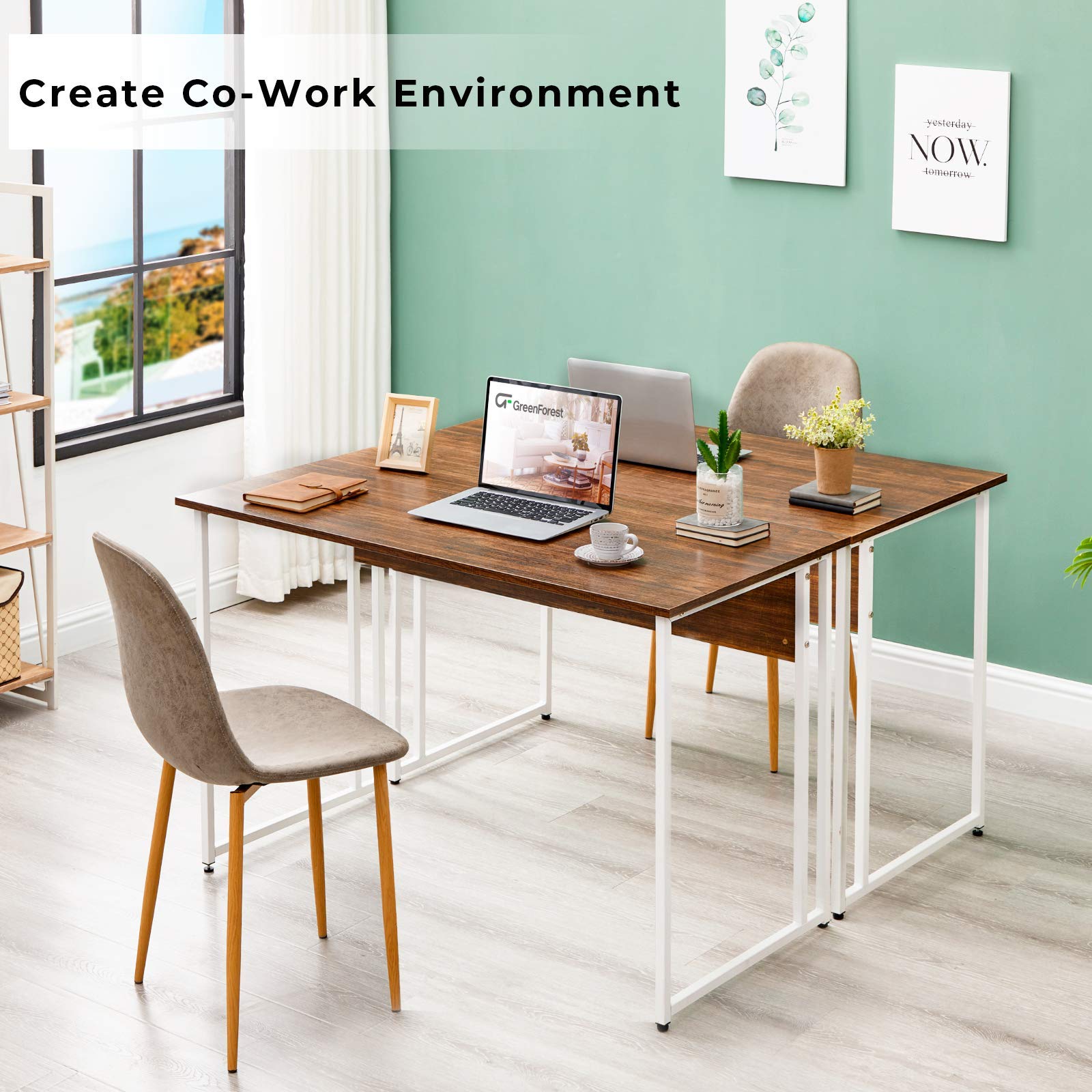 GreenForest 47" Computer Writing Desk, Small Study Desk for Small Spaces, Modern Simple Home Office Working Table for Bedroom and Domitory,with White Metal Legs, Walnut