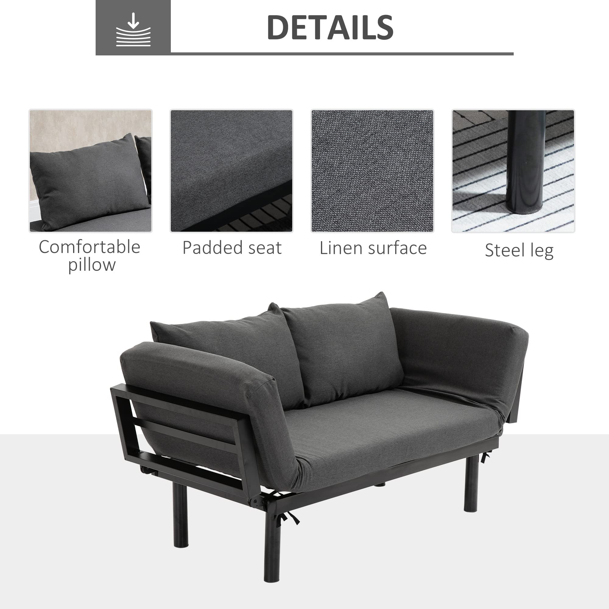 HOMCOM Single Person Chaise Lounger, Modern Sofa Bed with 5 Adjustable Positions, 2 Large Pillows, and Birch Legs, Charcoal Grey