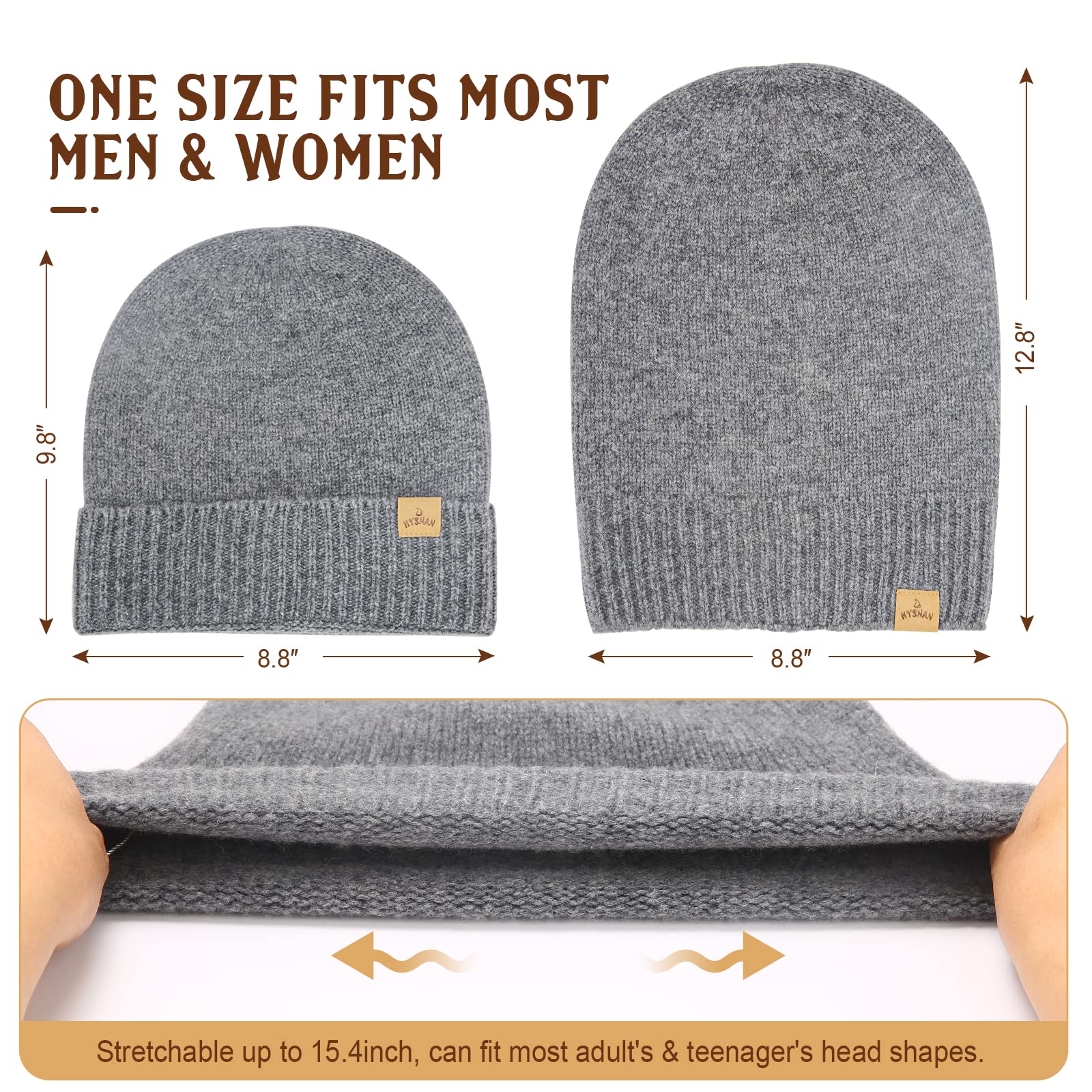 Hysnan Mens Beanie Merino Wool Warm Hats for Women Men Knit Slouchy Single Layer Warm Cuffed Skull Beanie Skiing Skating